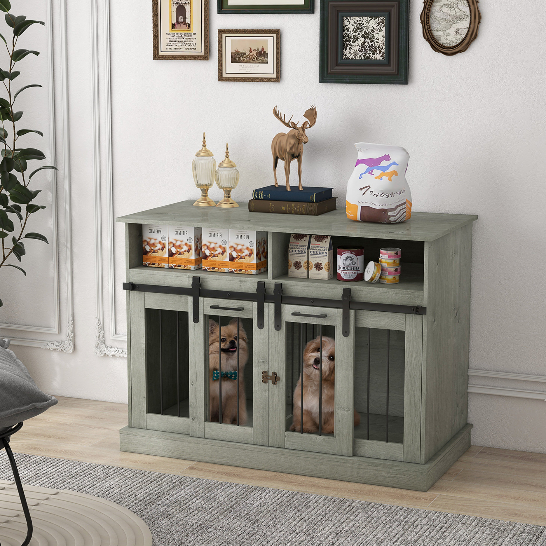 Wildon Home® Large & Small Dog Kennel Furnishings, Gray With Sliding ...