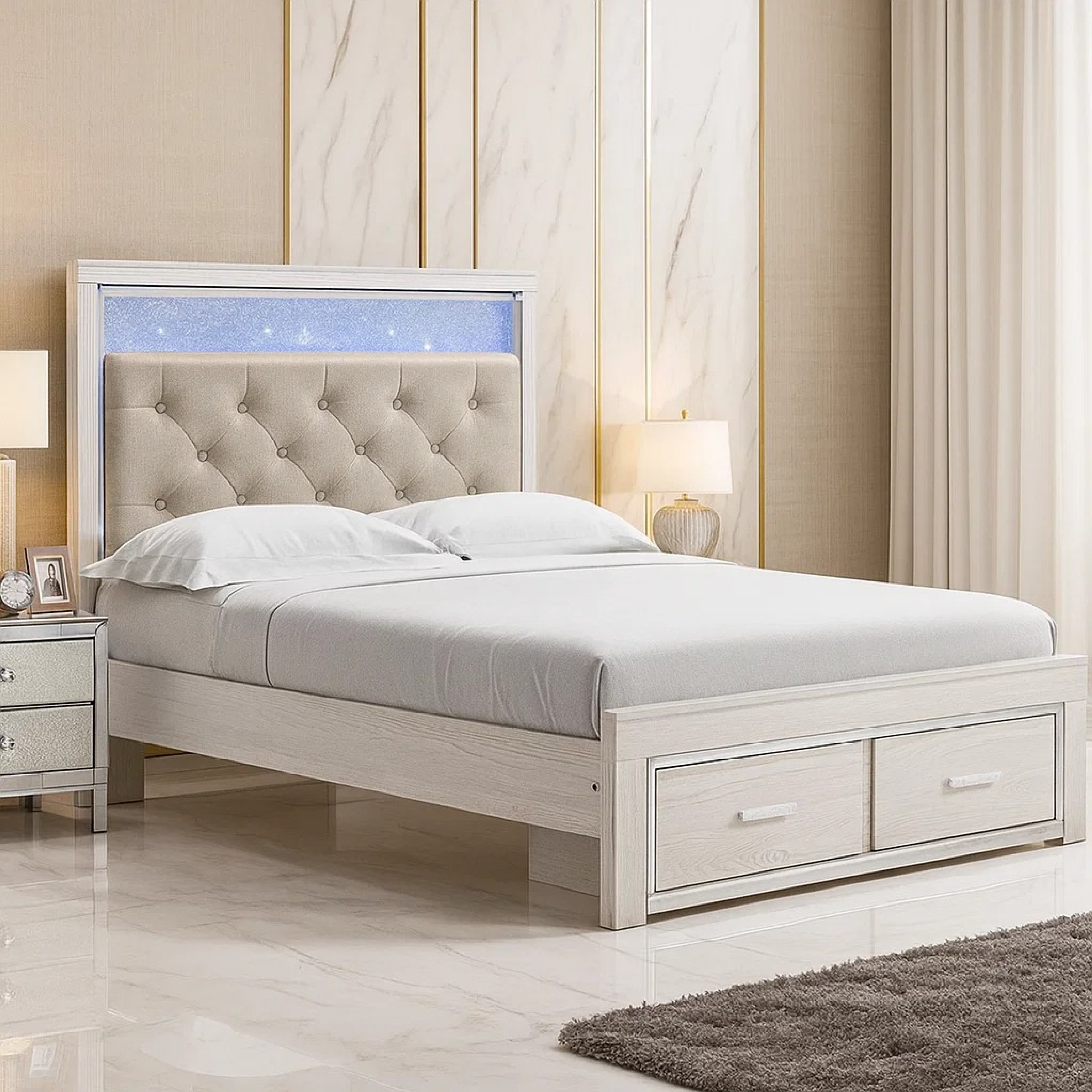 Benjara Aly Storage Bed W Gray Button Tufted LED Headboard, White | Wayfair