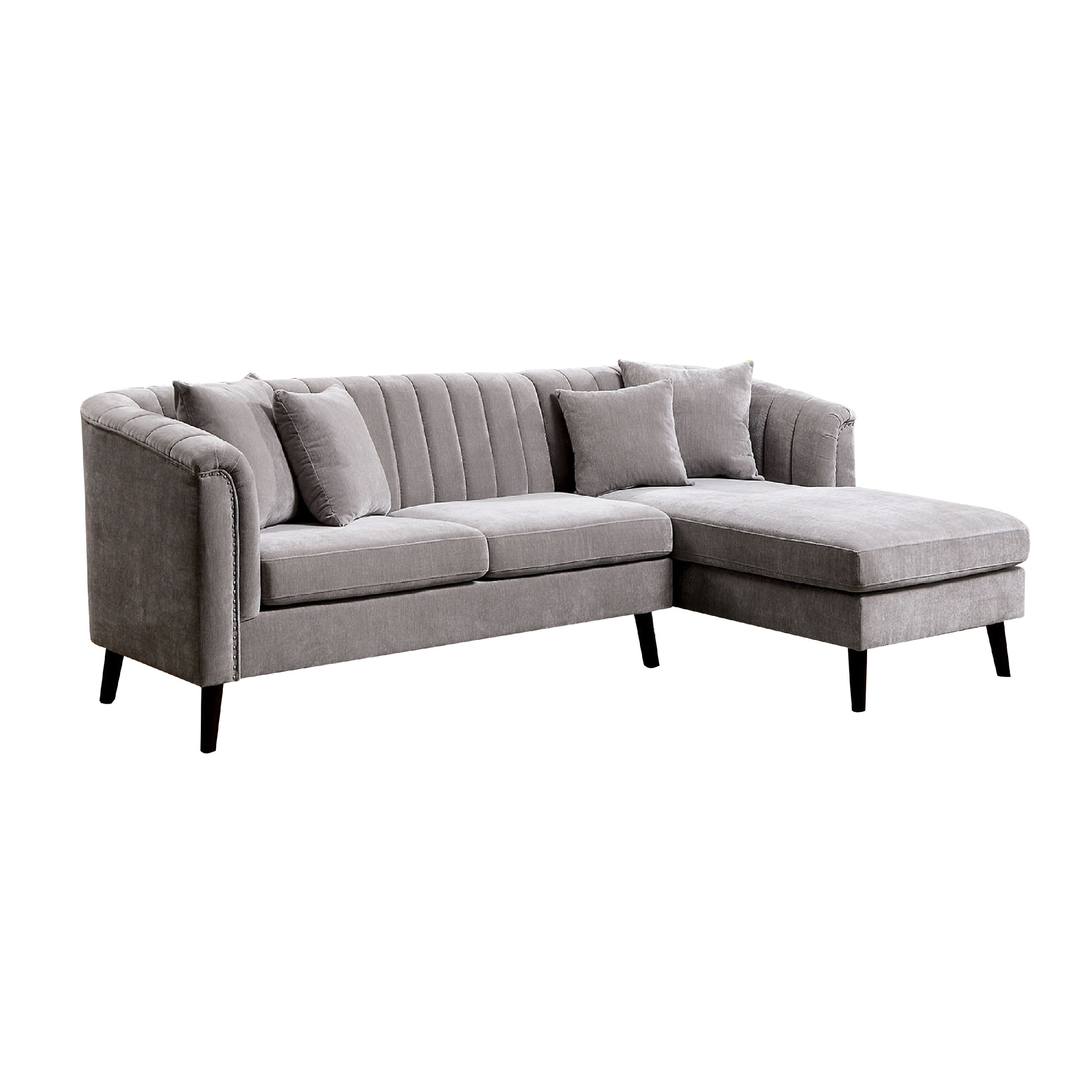 Benjara Willy L-Shaped Sectional, 4 Pillows, Grey Tufted Chenille, 99 ...