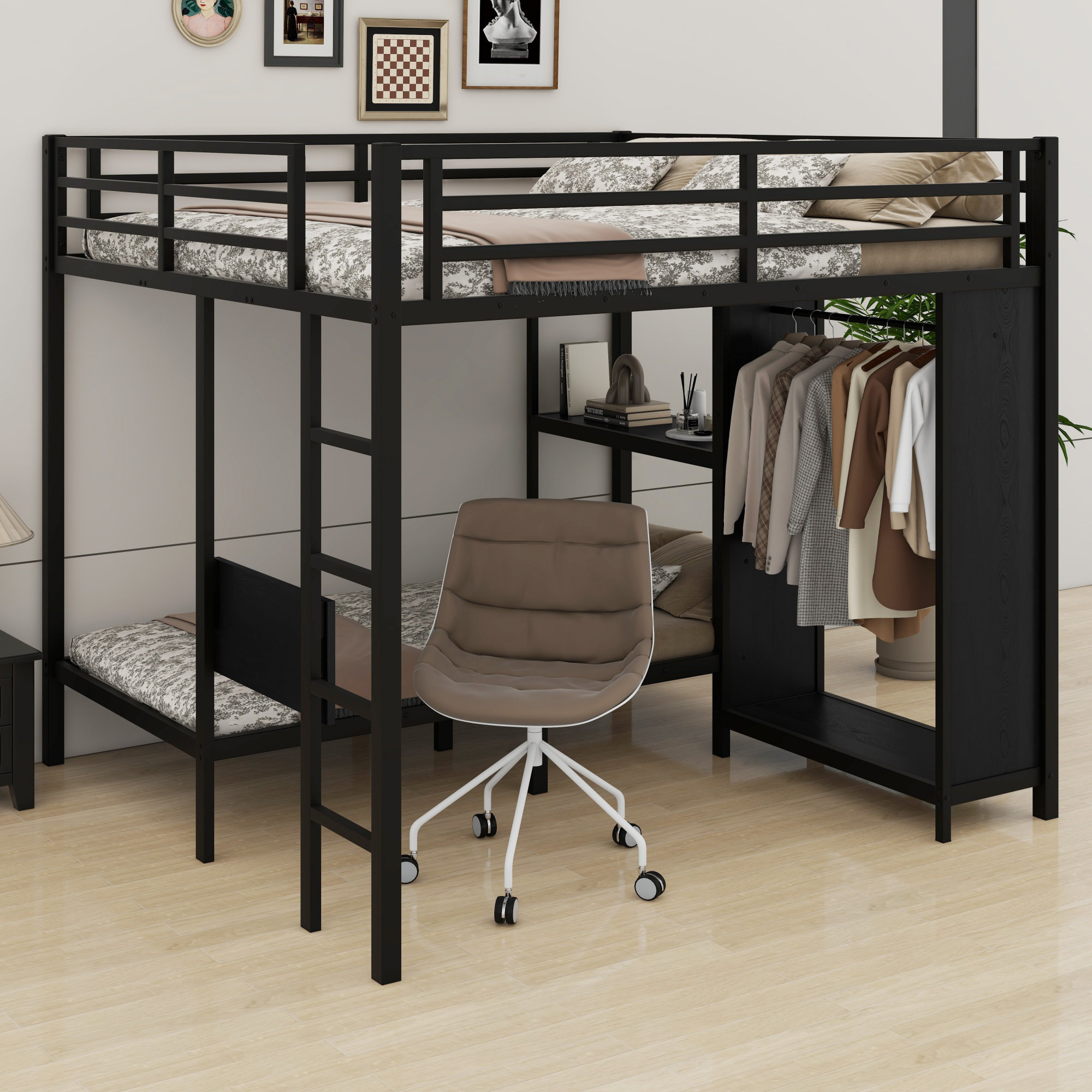 Ivy Bronx Metal Bunk Bed With Wardrobe,Foldable Desk | Wayfair