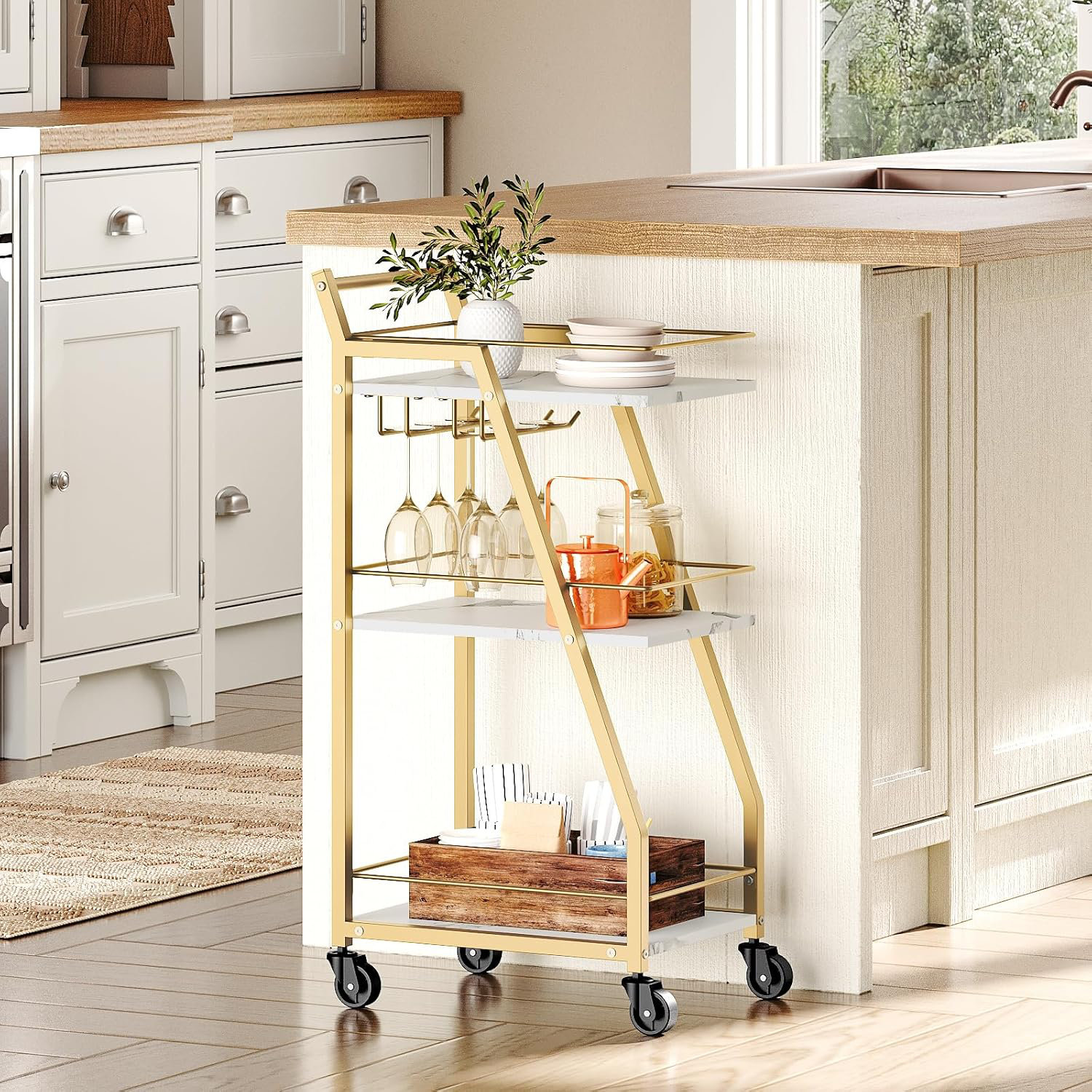 INKEDZ Bar Cart, 3-Tier Bar Cart for The Home, Small Bar Cart on Wheels ...