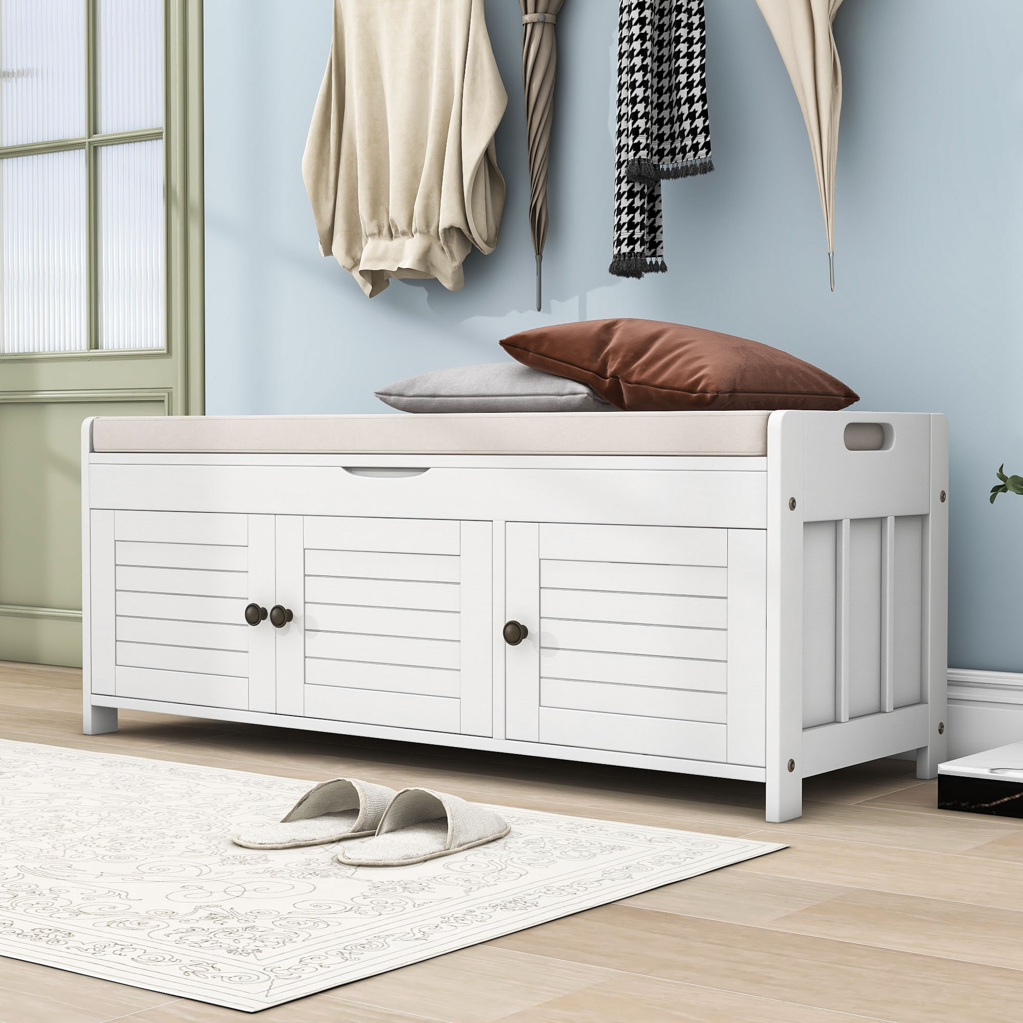 Lark Manor™ Storage Bench with Shutter Doors Cabinet and Removable ...