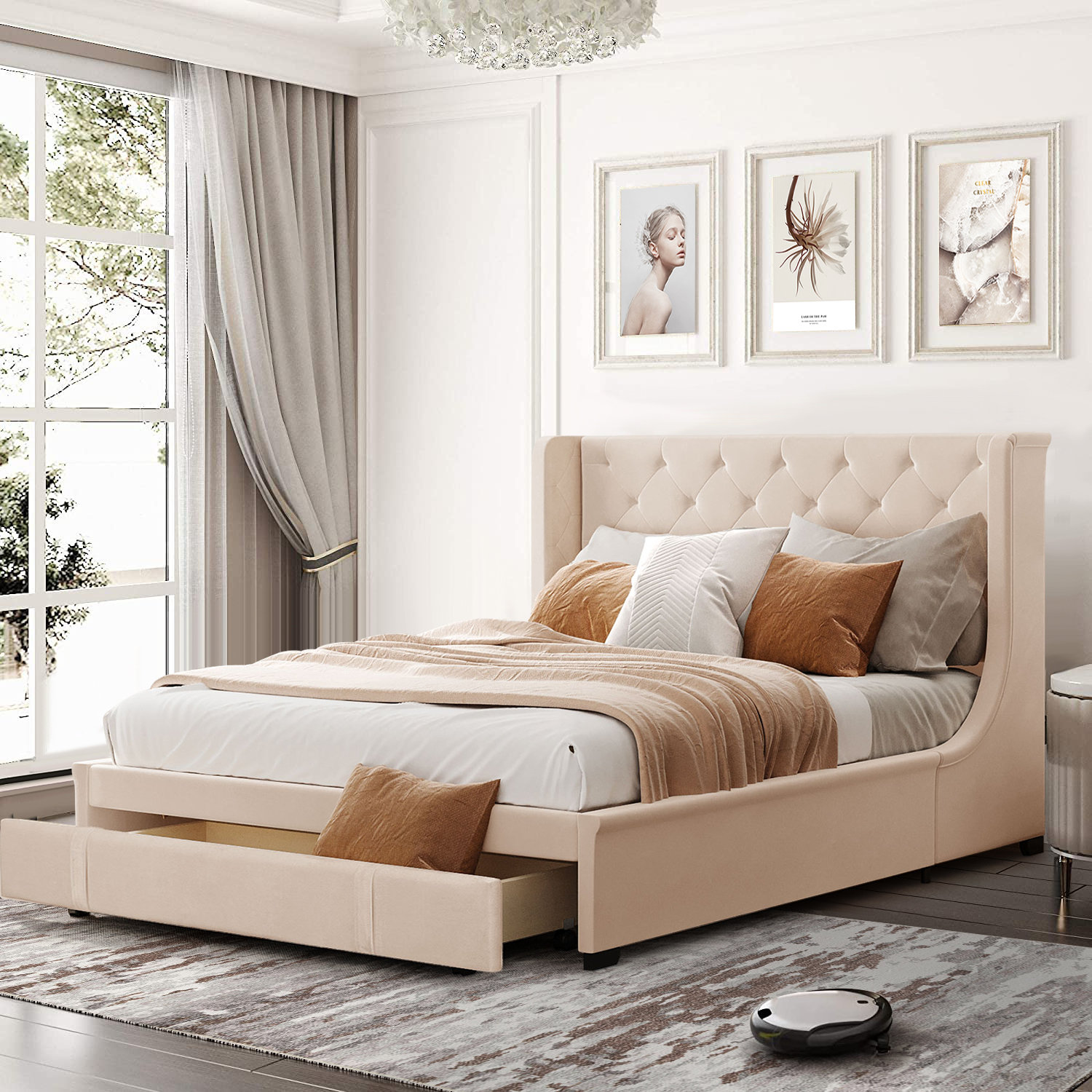 Tufted Upholstered Low Profile Storage Platform Bed
