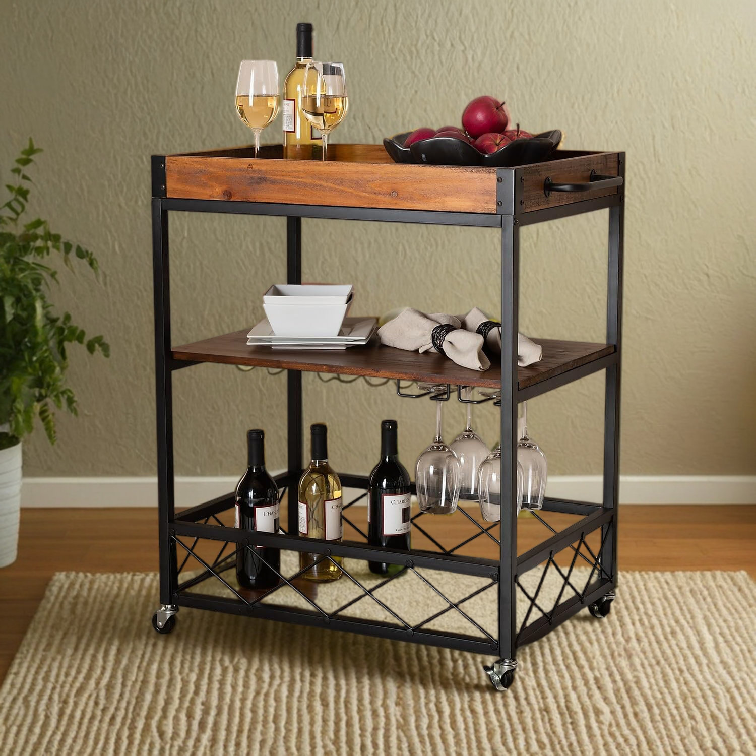 17 Stories 32"Tall Rolling Kitchen Island Wine Cart Black Solid Wood ...