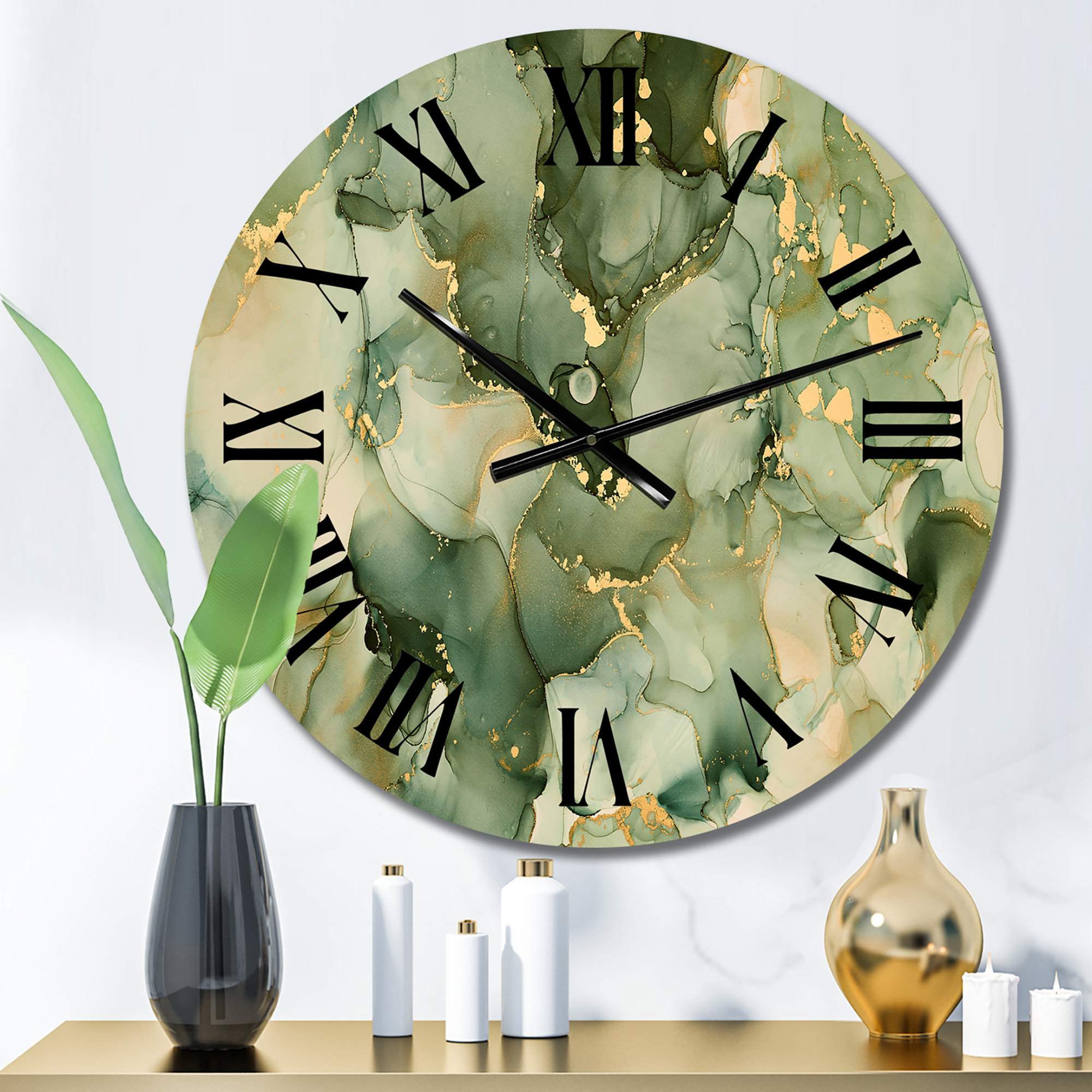 East Urban Home Green Luxury Abstract Fluid Art I - Modern Wall Clock ...