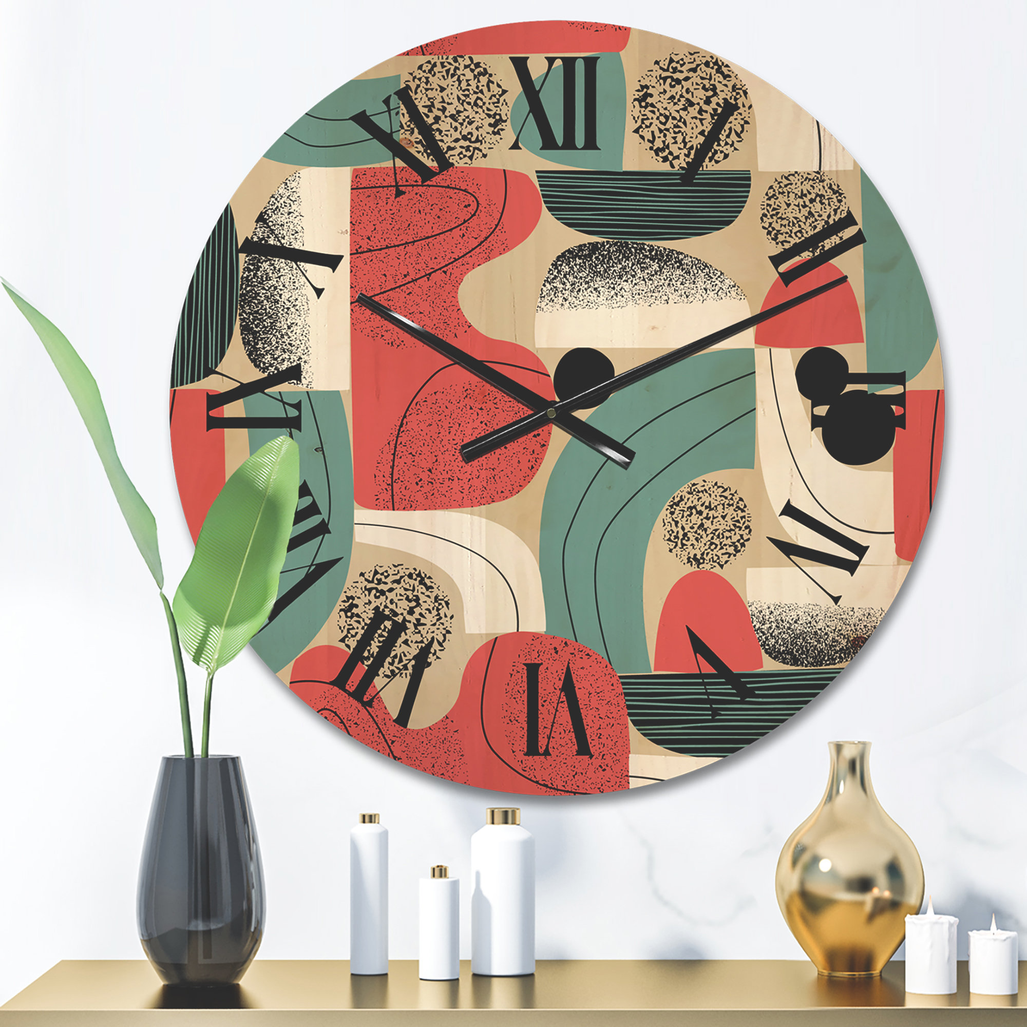 East Urban Home Shapes with Abstract Suns and Moons III Wood Wall Clock ...