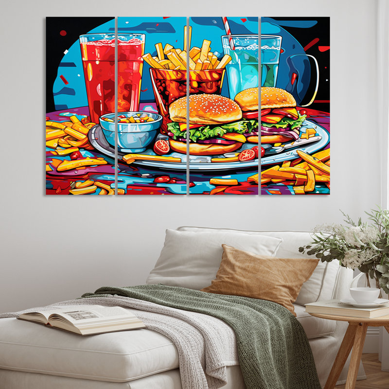 Ebern Designs Pop Art Fast Food Hamburger Meal II On Canvas 4 Pieces ...