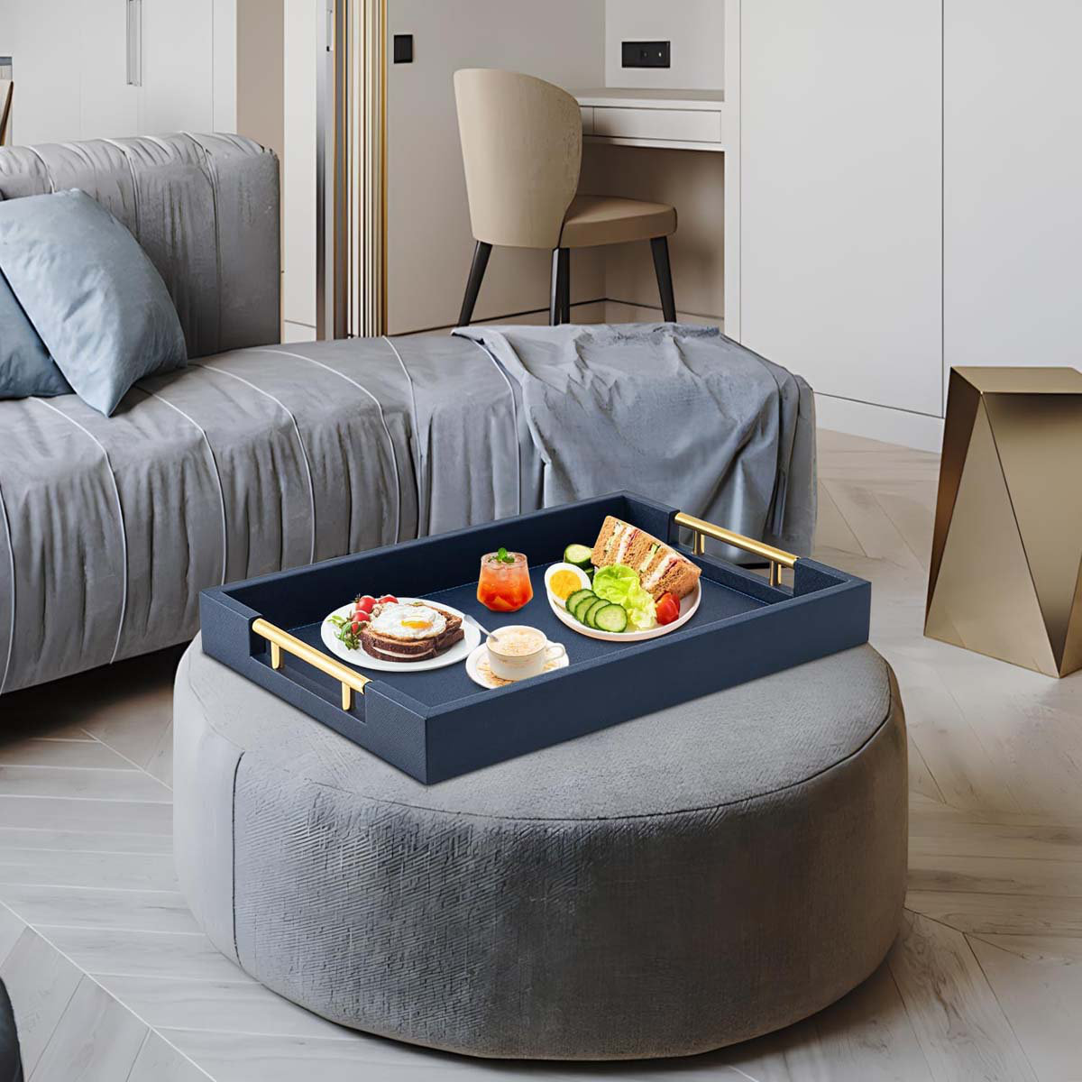 Mercer41 Navy Blue Faux Leather Serving Coffee Tray With Gold Handles ...