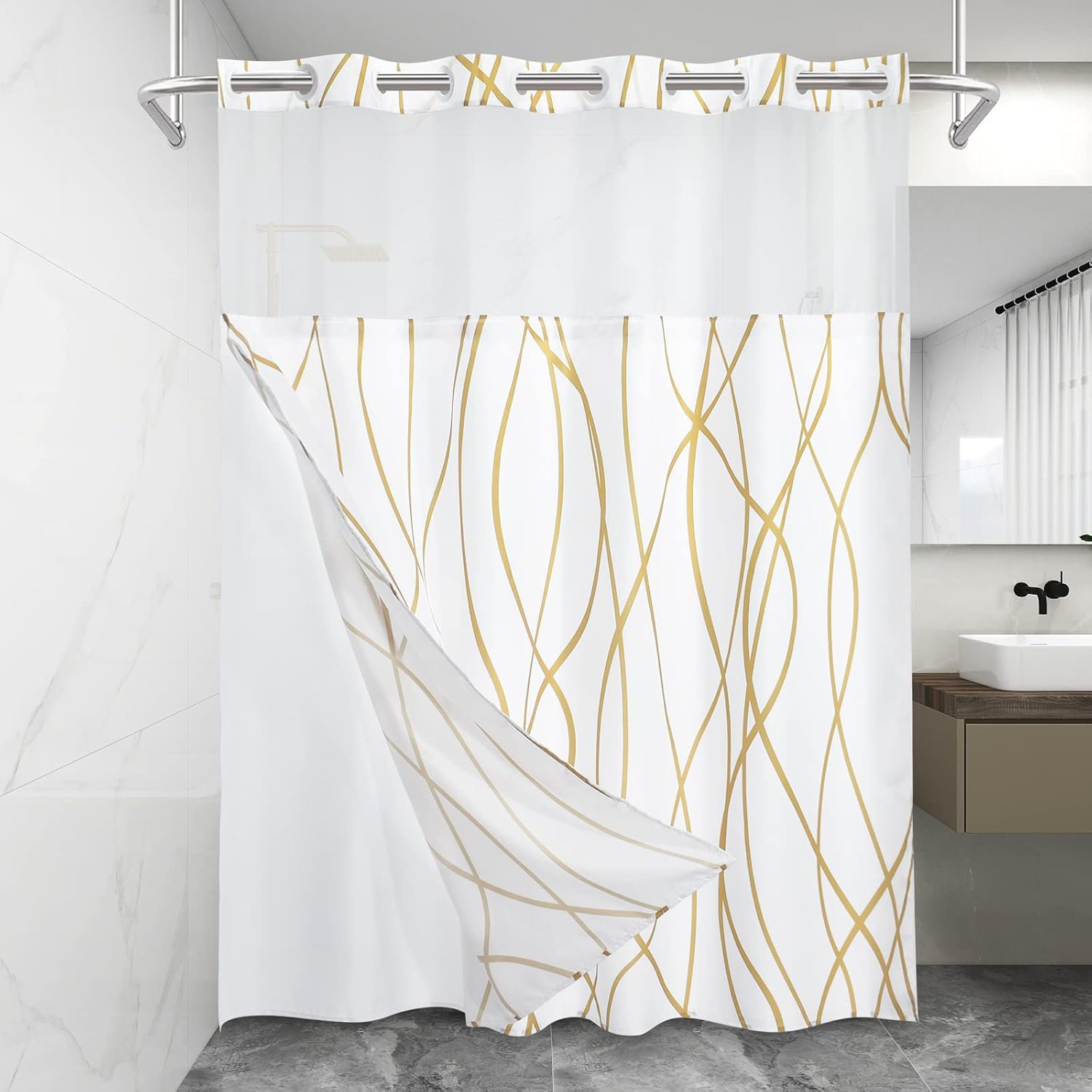 Brayden Studio® No Hook Striped Shower Curtain with Snap in Fabric ...