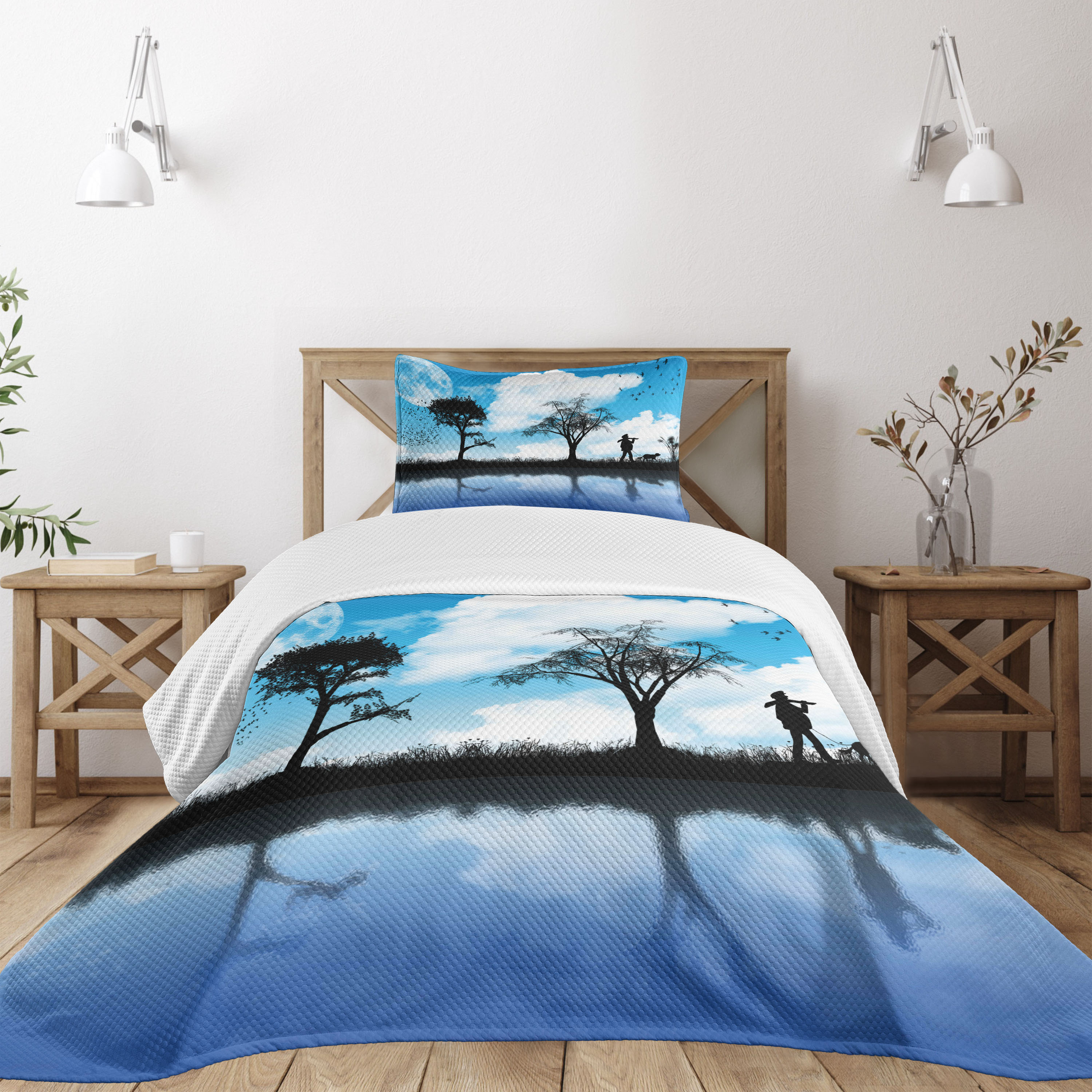 Ambesonne Nature Bedspread Man Dog Lake Tree Moon Sky Blue Black White ...