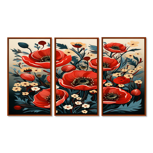 Design Art Red Poppies In The Meadow Retro Illustration - Poppy Wall ...