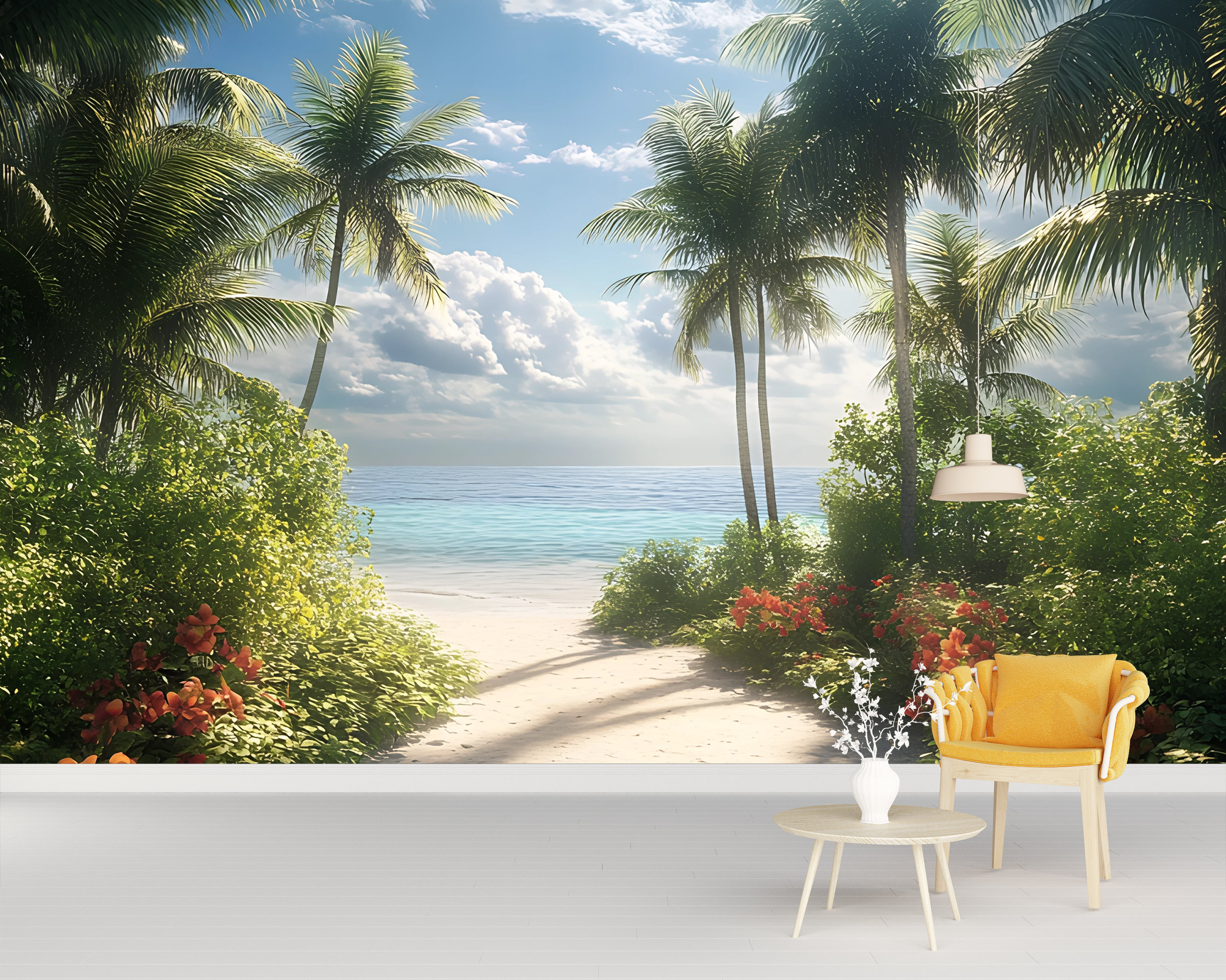 Rosecliff Heights Floral Tropical Beach Path Wallpaper – Lush Green ...