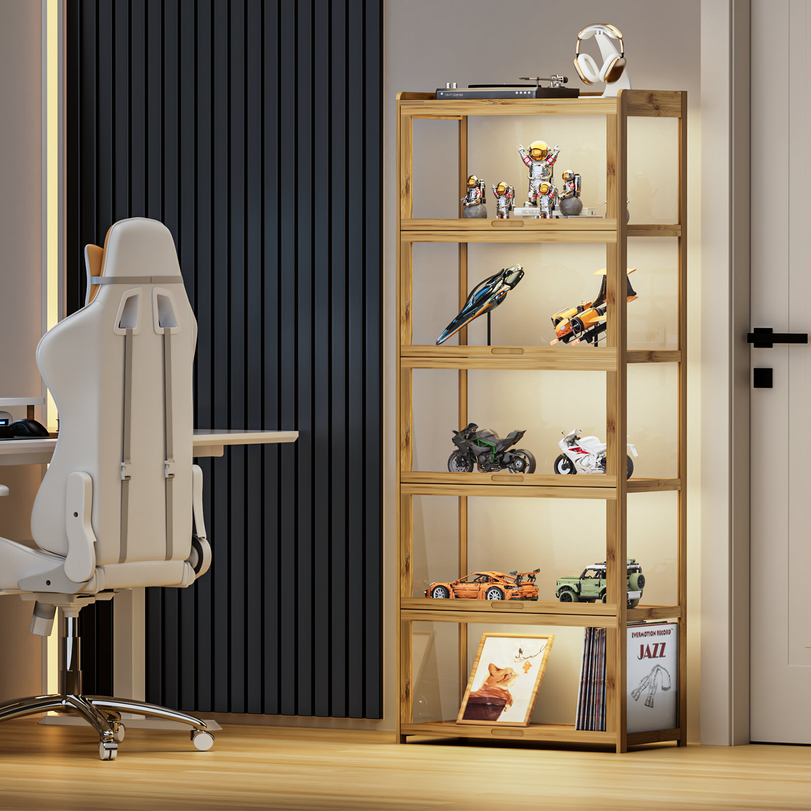 Ebern Designs 5-Tier Display Cabinet With Flip Up Door, Curio Cabinet ...