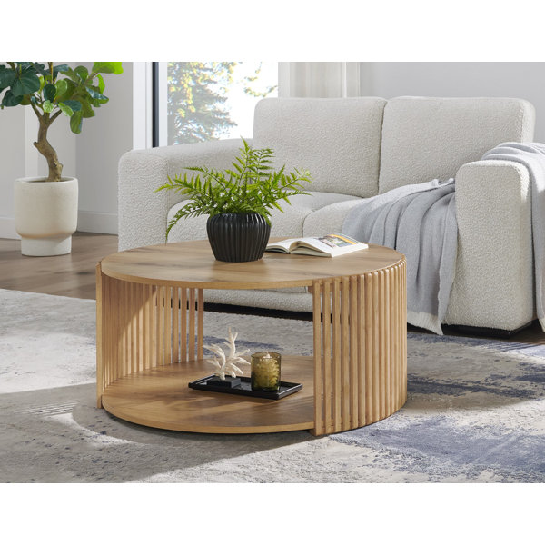 George Oliver Estie Round Wood Slatted Coffee Table With Open Shelf ...