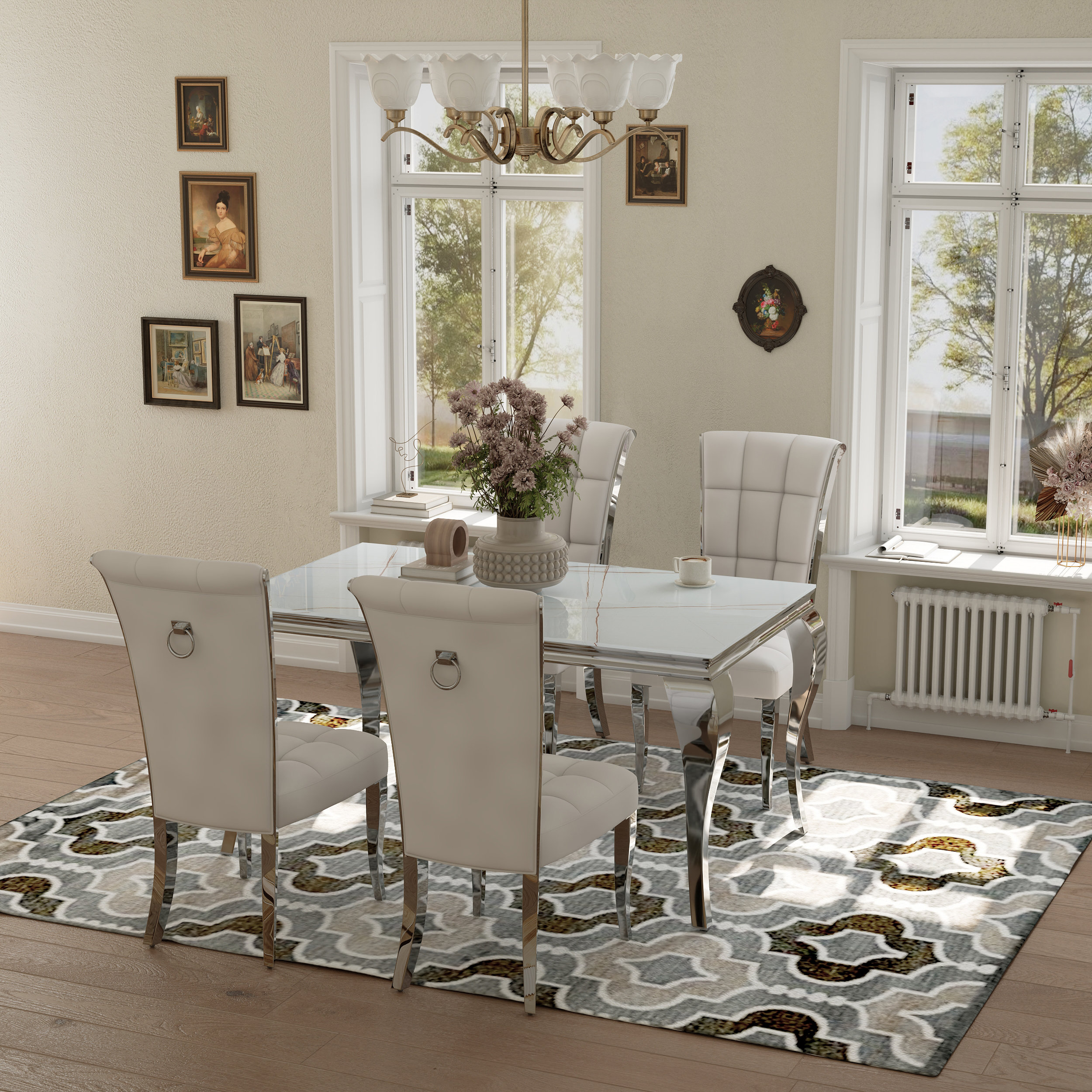 Rosdorf Park White And Silver Dining Chairs With Metal Ring Pull | Wayfair