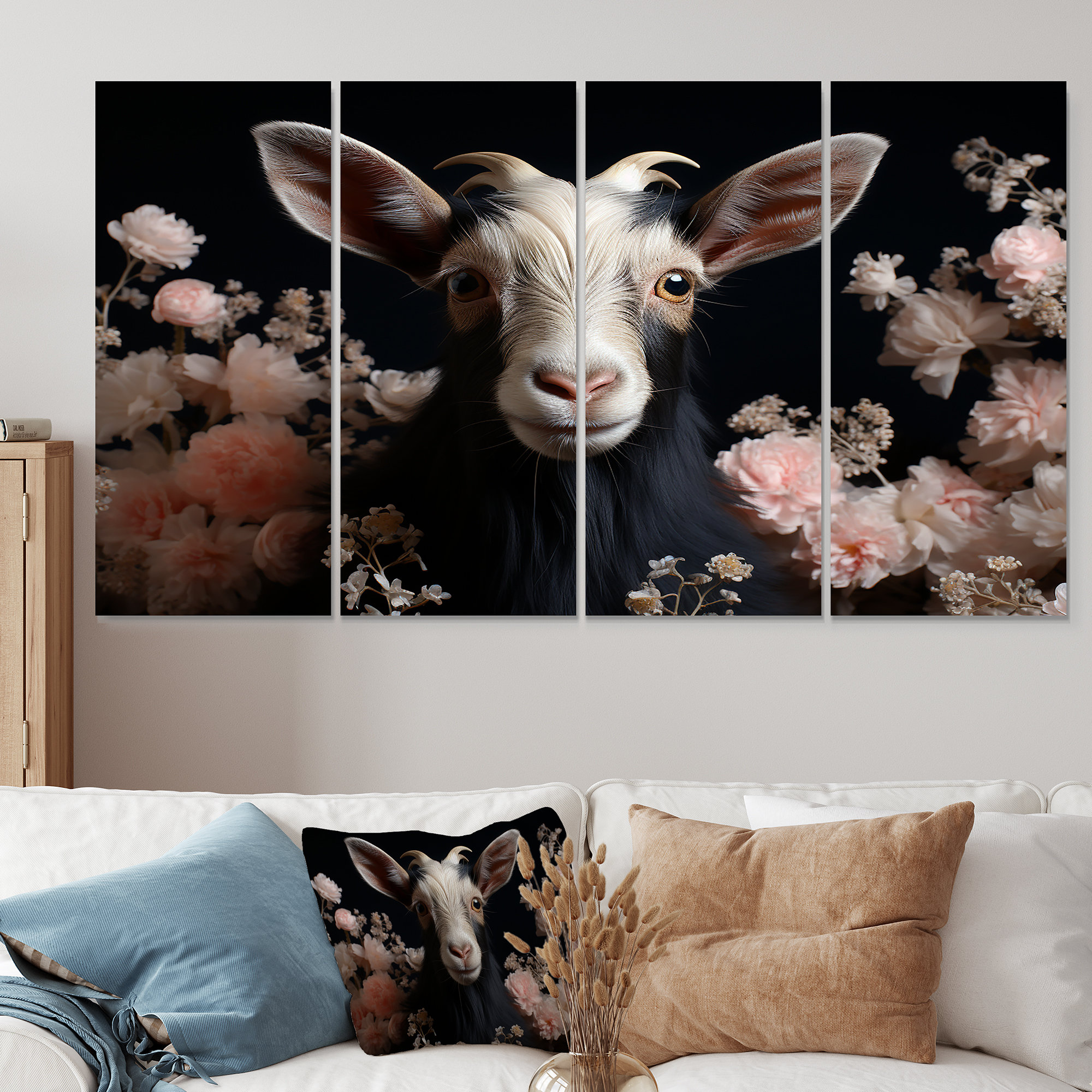 Gracie Oaks White And Pink Floral Goat Portrait - Goat 4 Piece Wall Art ...