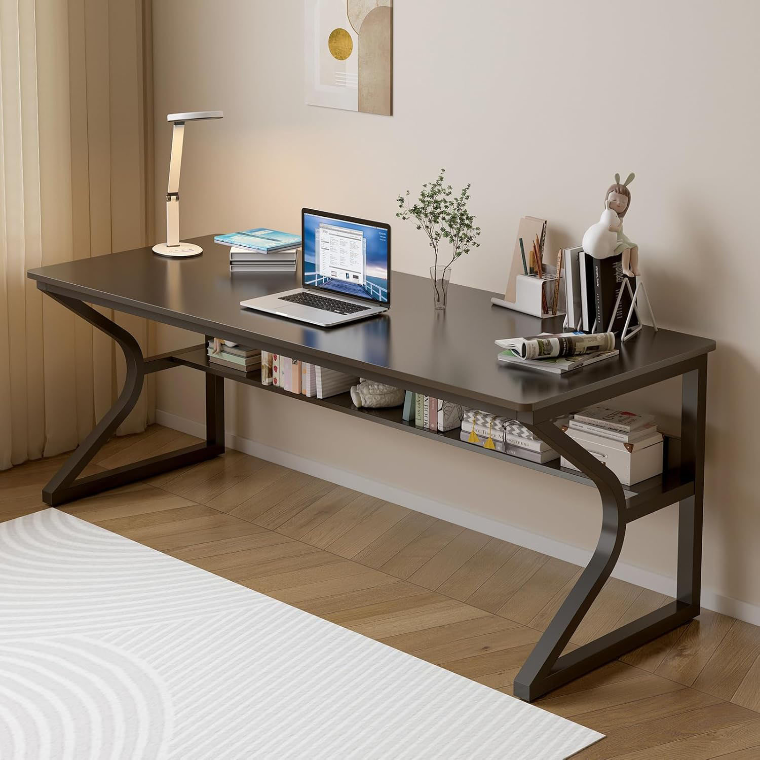 Latitude Run® Extra Long Desk With Bookshelf - 63" Double Long Writing ...