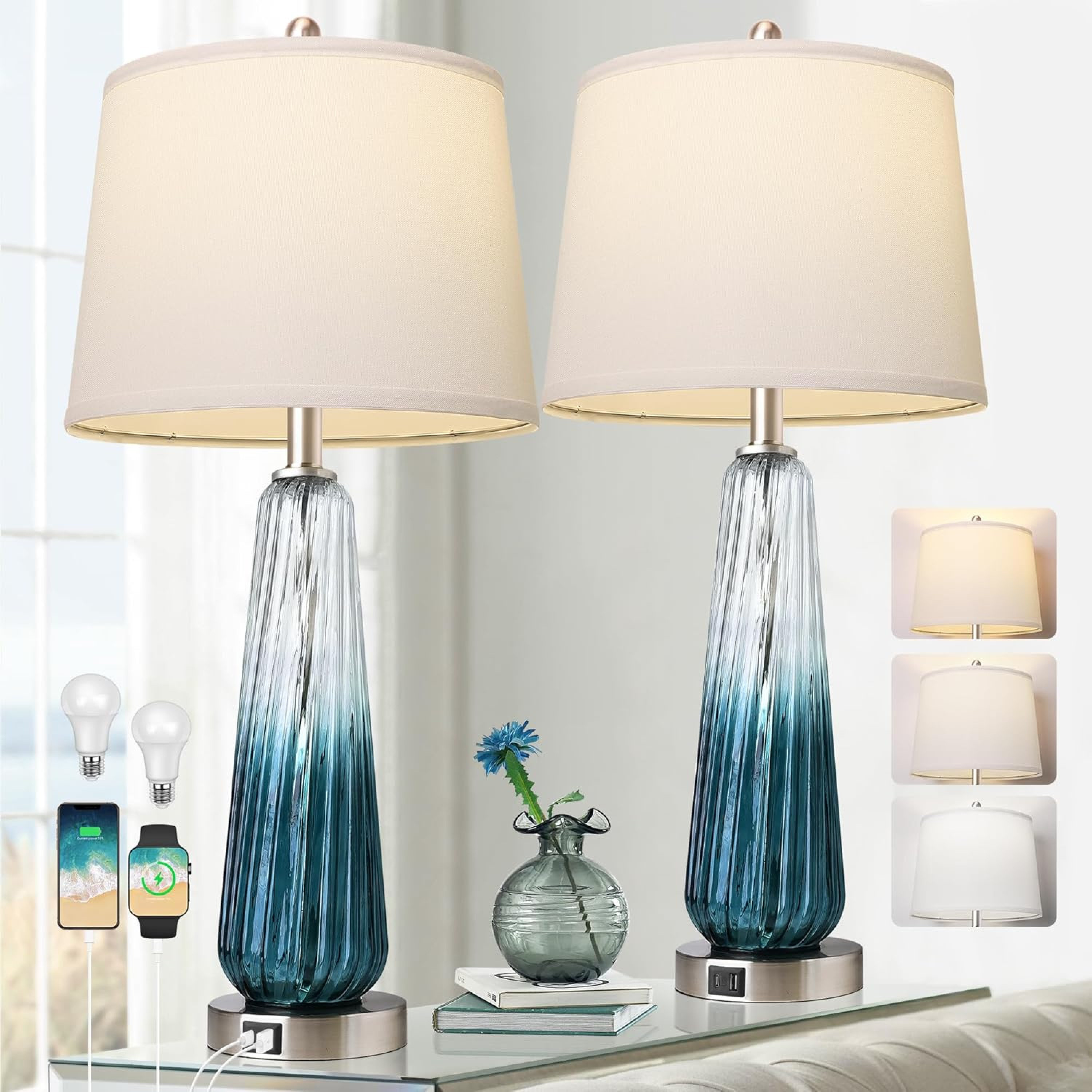 Ivy Bronx 27.5" Modern Glass Table Lamps with USB (Set of 2) | Wayfair
