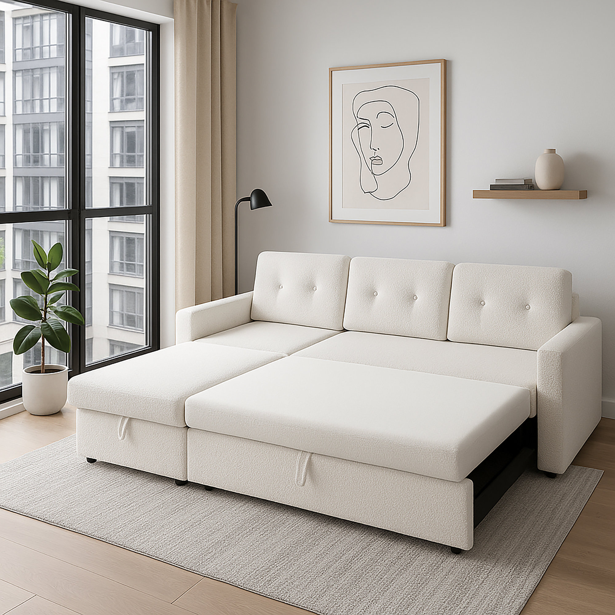 George Oliver 3-in-1 Convertible Sectional Sofa Bed With Storage Chaise ...