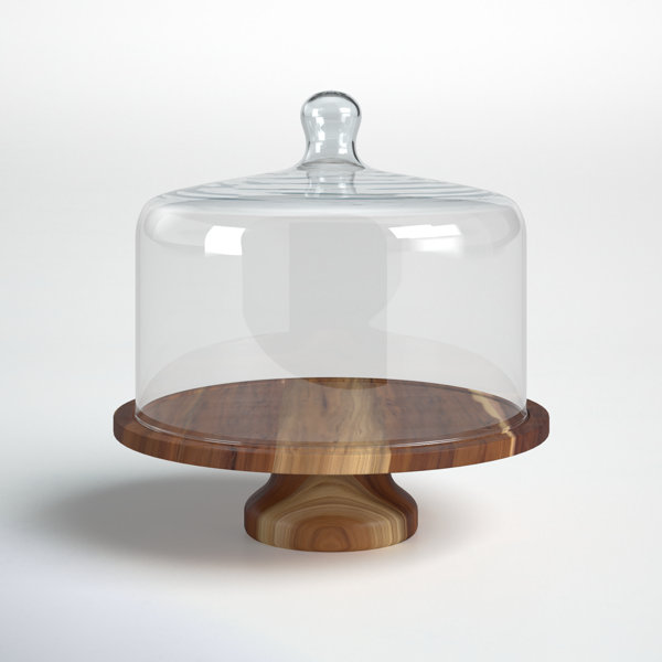 Libbey Acaciawood Footed Round Wood Server Cake Stand with Glass Dome ...