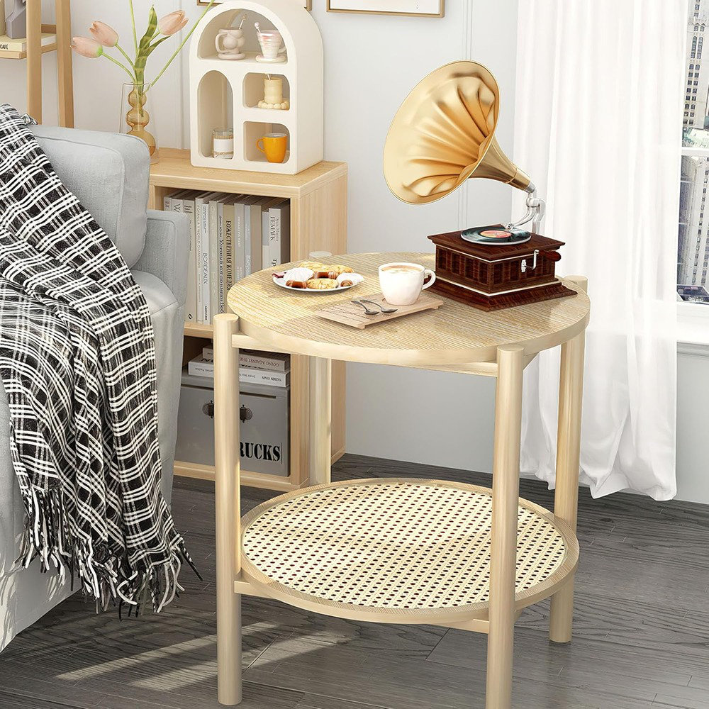 Bayou Breeze 2 Tier Round End Table, Rattan Nightstand Small Bedside ...