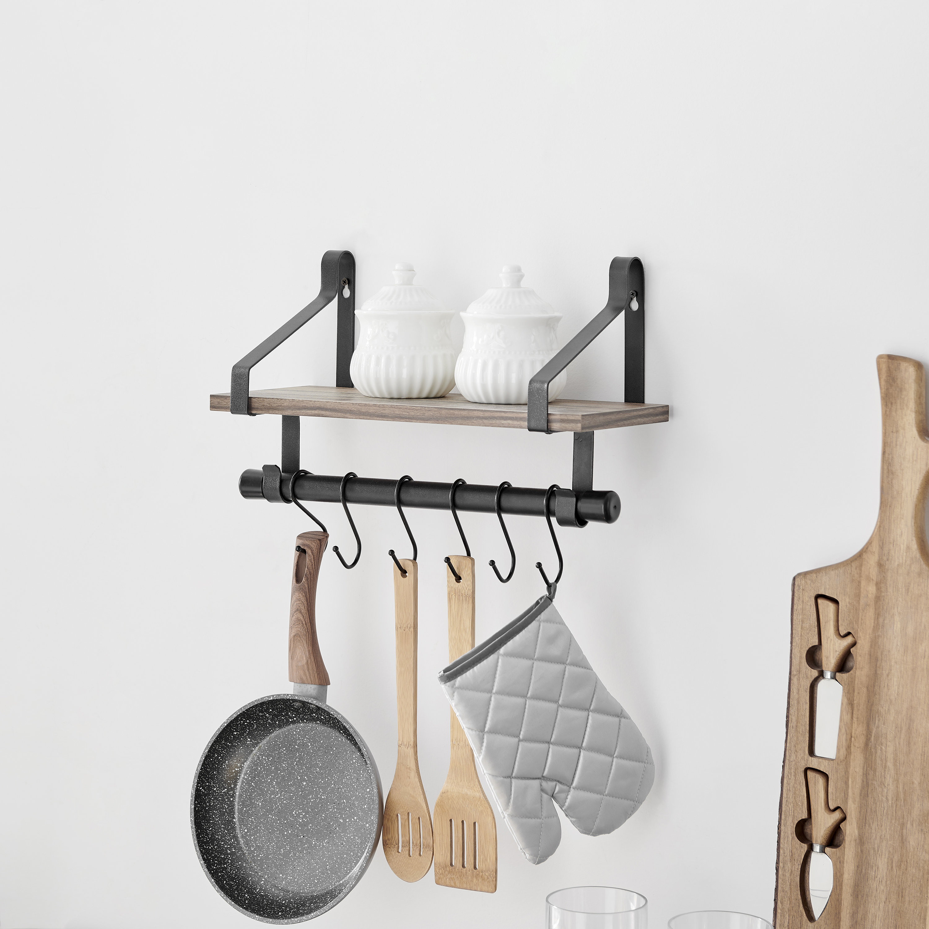 Gracie Oaks Anya Beth Wall Shelf with Iron Rod and 6 Hooks | Wayfair