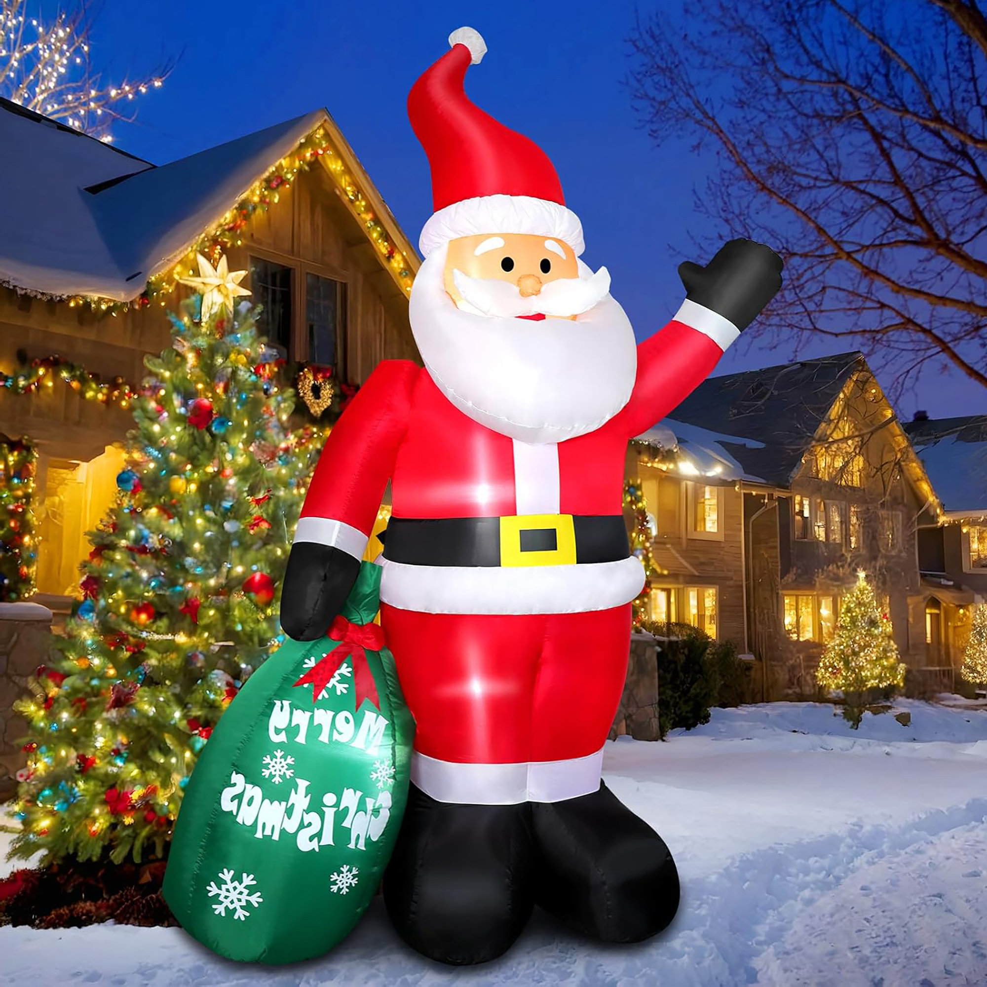 The Holiday Aisle® 7 FT Inflatable Santa Claus With Green Gift Bag ...