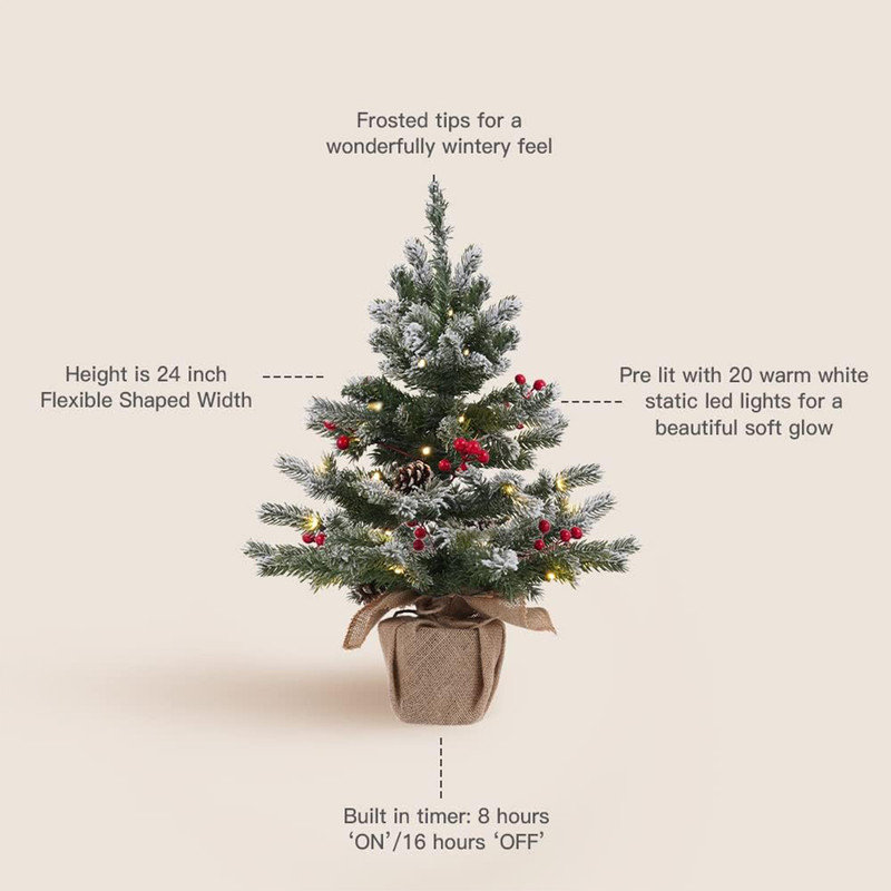 Mercer41 24 Inch 2 FT Pre-lit Snowy Mini Christmas Tree, 20 LED Lights ...