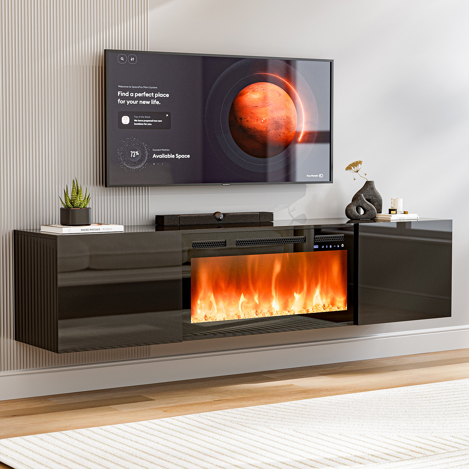 Ivy Bronx Floating Tv Stand With 30" Electric Fireplace, High Glossy ...