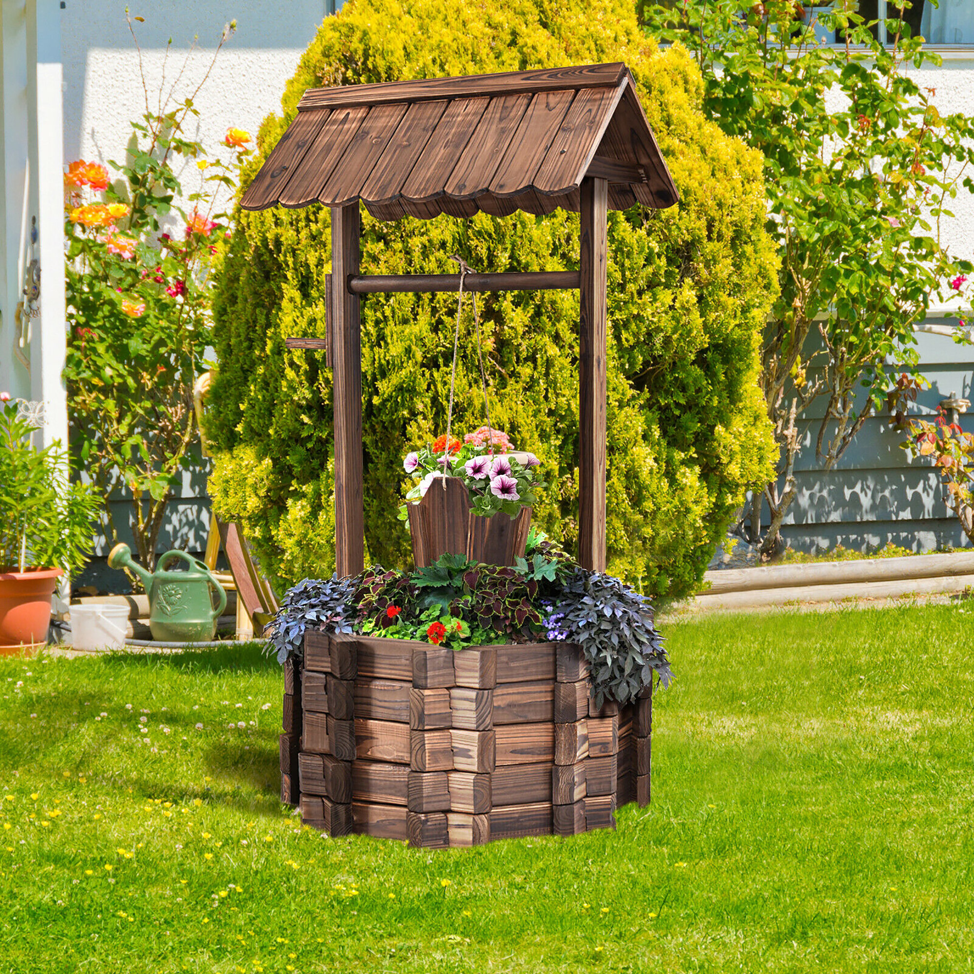 Arlmont & Co. Outdoor Wooden Wishing Well Bucket Flower Plants Planter ...