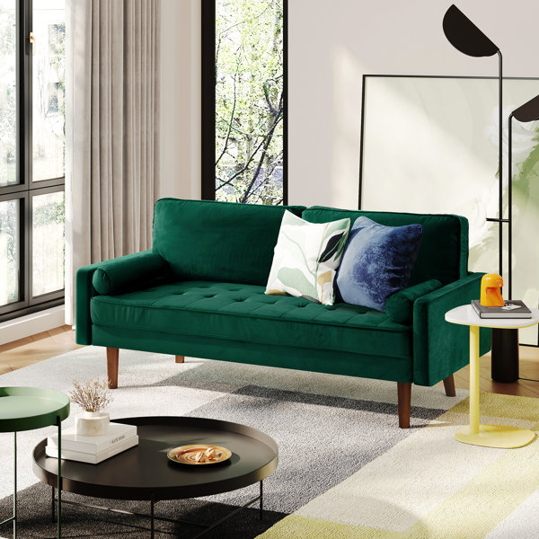 ONBRILL 68" Green Velvet Square Arm Sofa With 2 Bolsters | Wayfair
