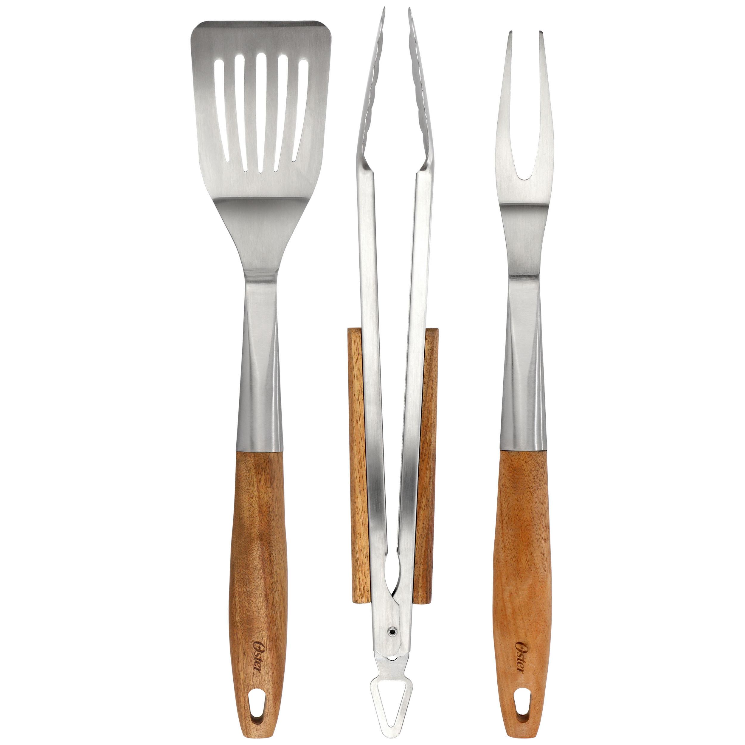 Oster Balincourt 3 Piece Stainless Steel and Wood BBQ Tool Set in Brown ...