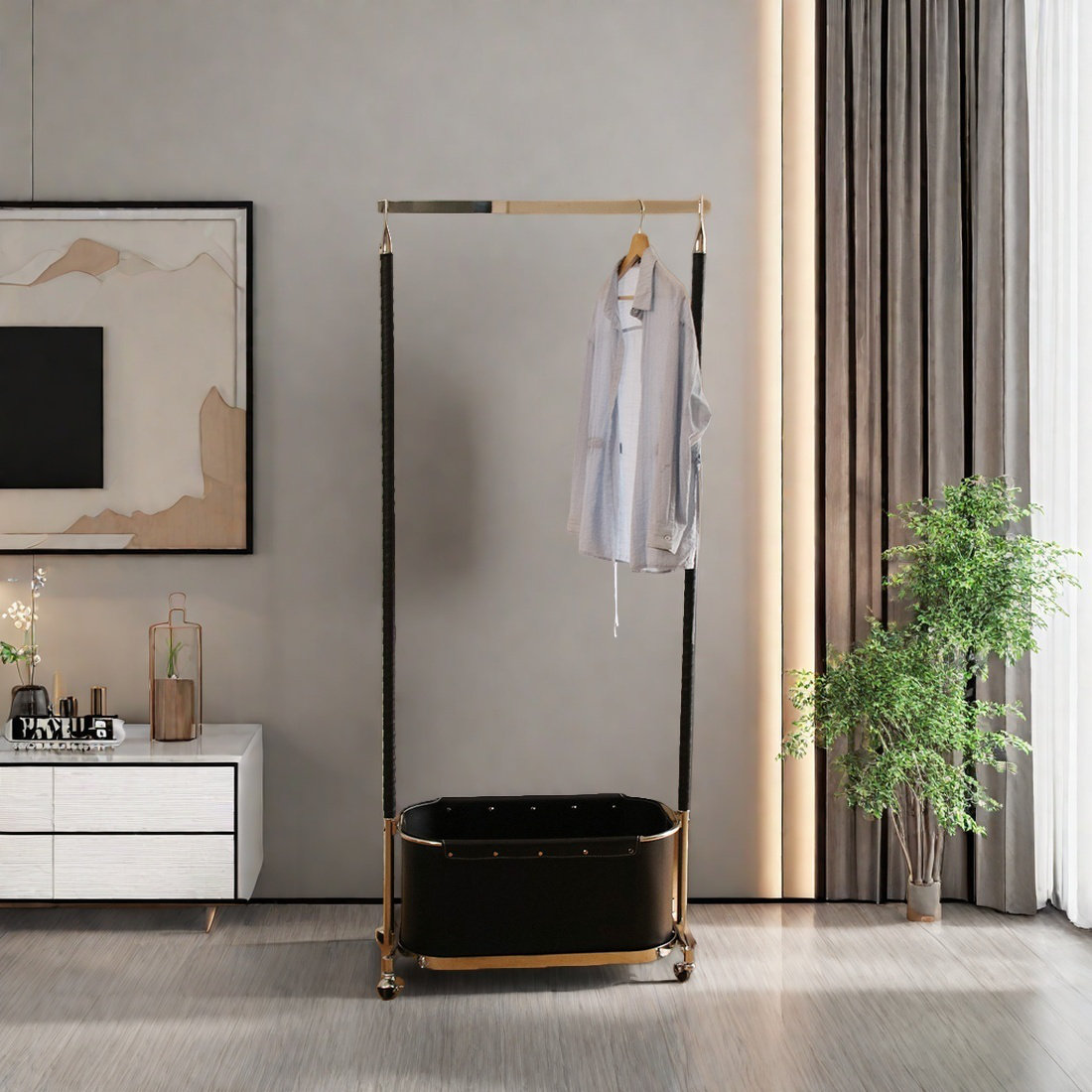 Orren Ellis Tall Hall Tree with Large Basket & Movable Wheels | Wayfair