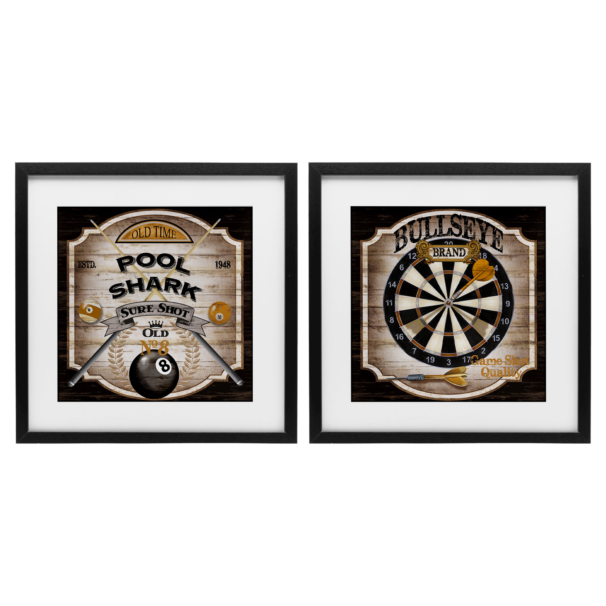 Latitude Run® Pub Sports Pool & Darts 2pc Framed Print Under Glass Set ...