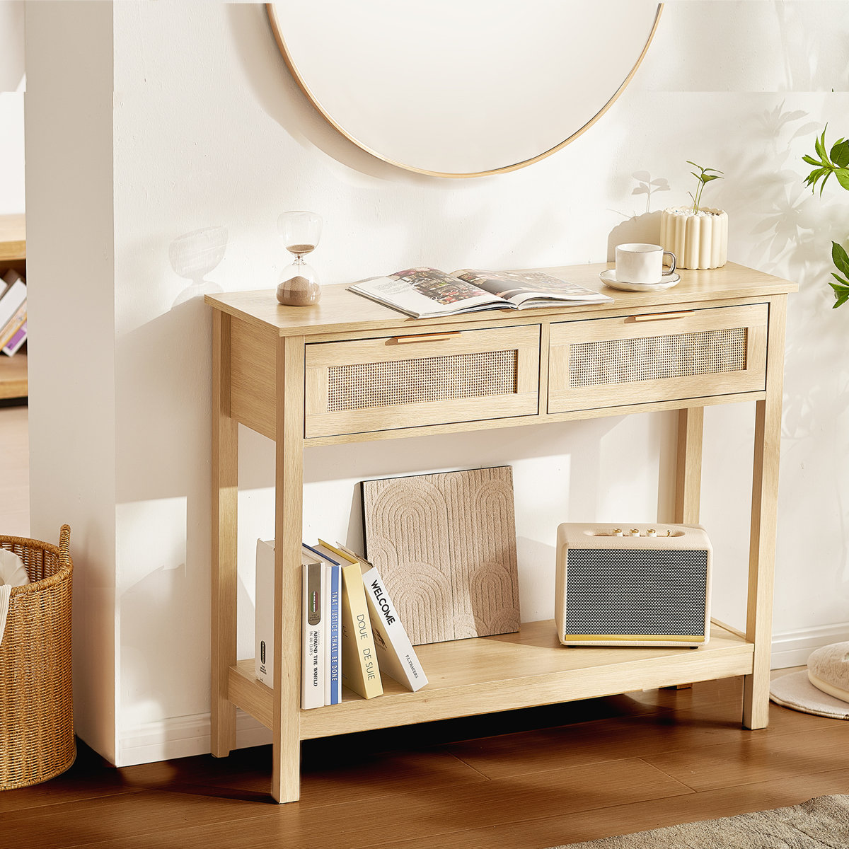 VEVOR Rattan Console Table with 2 Storage Drawers Rattan Sliding Door ...