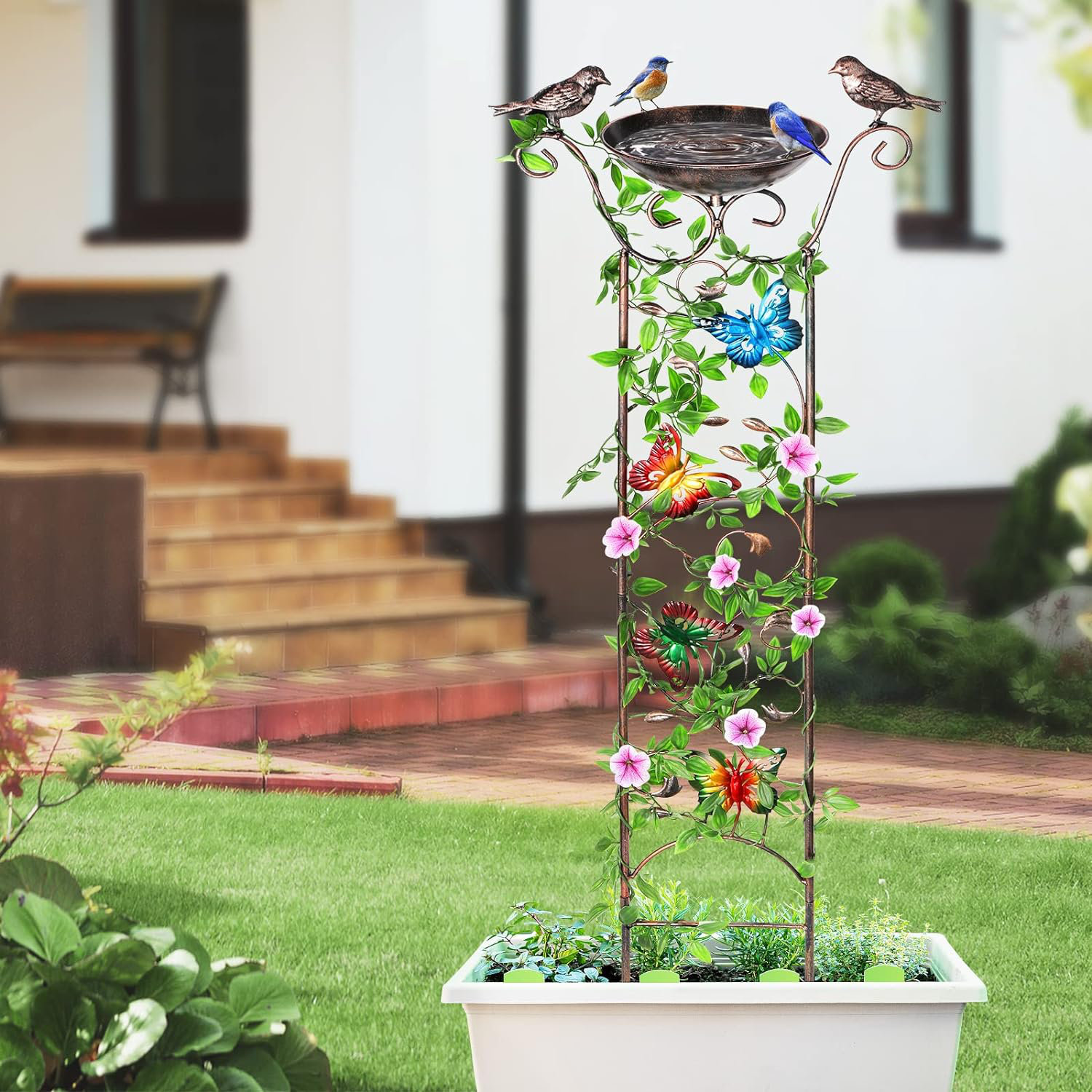 Charlton Home Bird Bath With Garden Trellis For Climbing Plants Outdoor ...