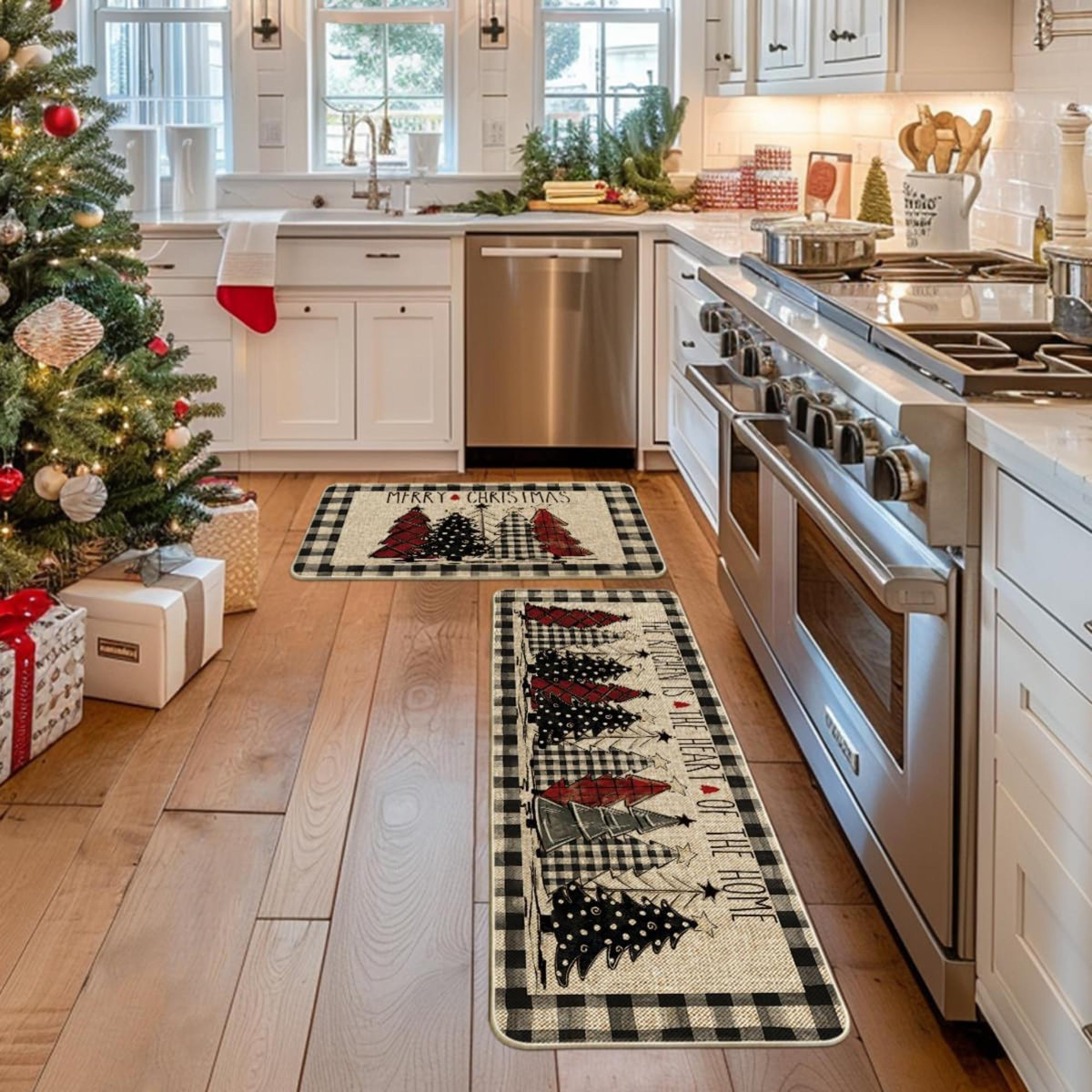 The Holiday Aisle® Buffalo Plaid Xmas Tree Merry Christmas Kitchen Mats ...