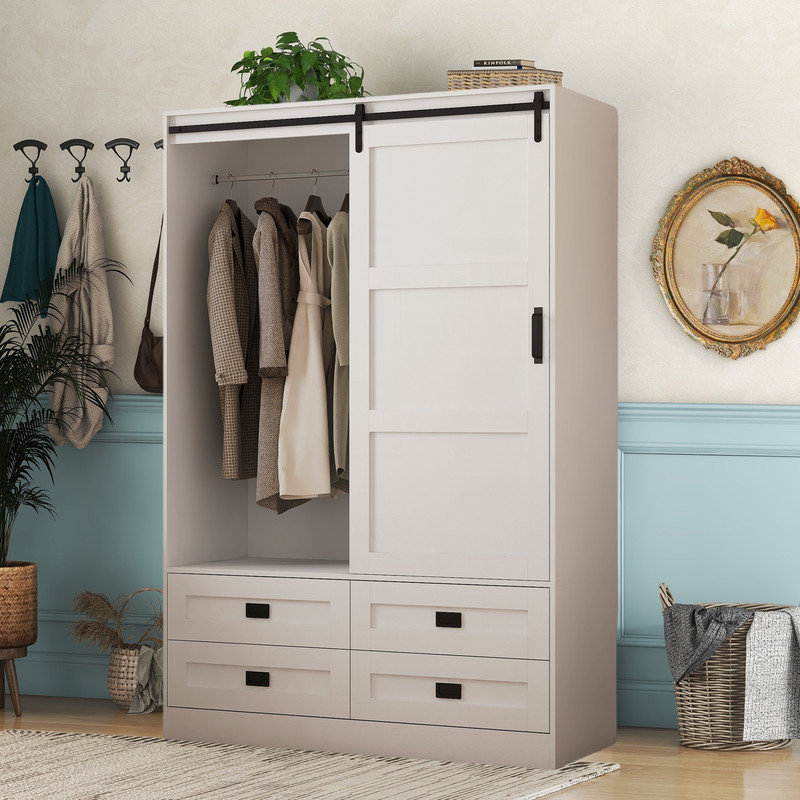 August Grove Tall Armoire Wardrobe with Barn Door and Shelves - Wayfair ...