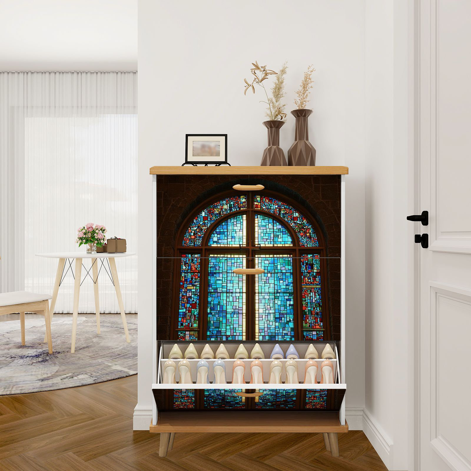 East Urban Home Shoe Storage Cabinet with 3 Flip Drawers for Stained ...