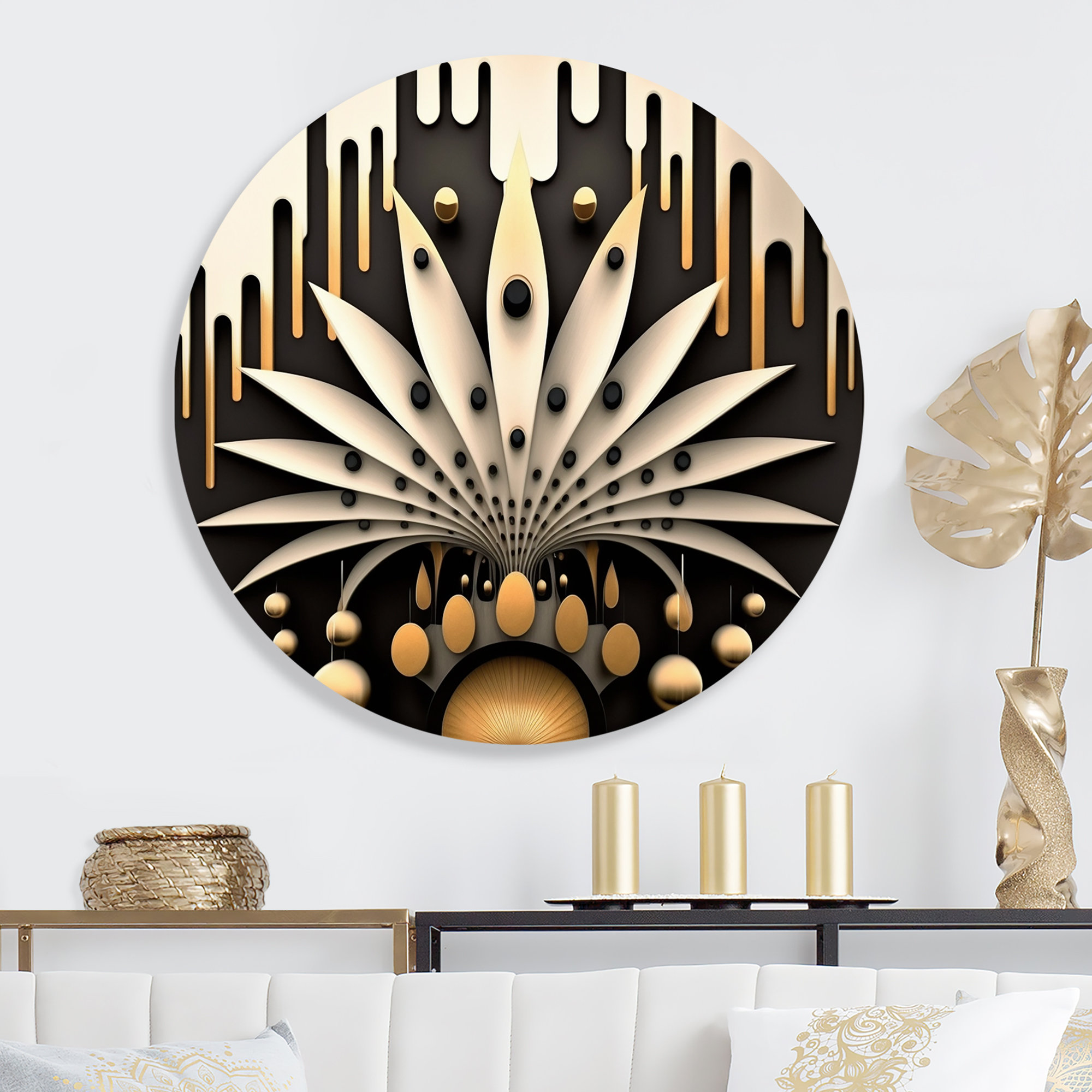 Lark Manor™ White Leaves With Golden Droplets - Abstract Geometric ...