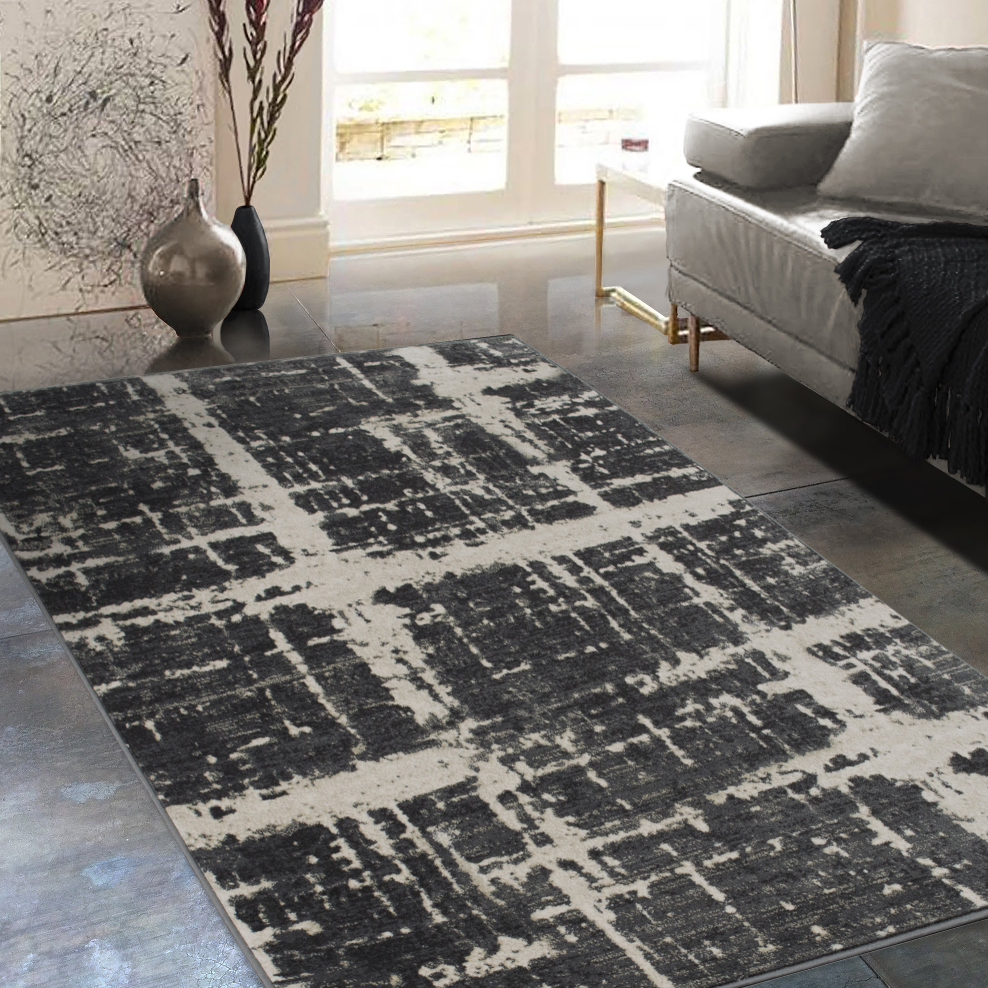 17 Stories Pomonok Abstract Black Area Rug | Wayfair