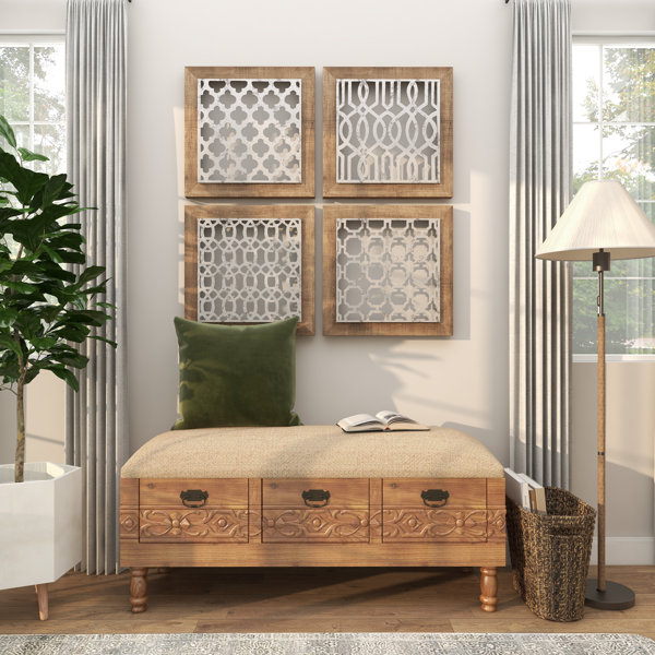 Bungalow Rose Wood Intricately Carved Floral Room Brown Storage Bench ...