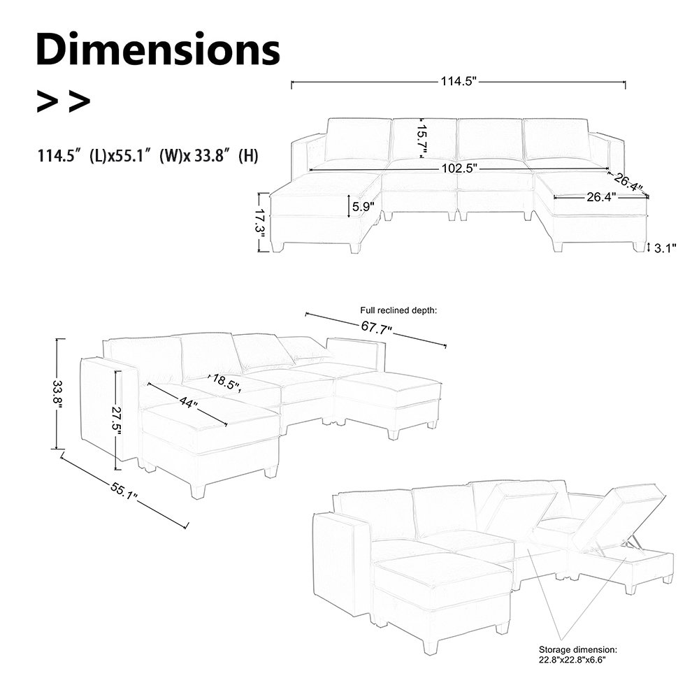 Ebern Designs 114.5” Square Arm Sectional Sofa, Symmetrical Modular ...