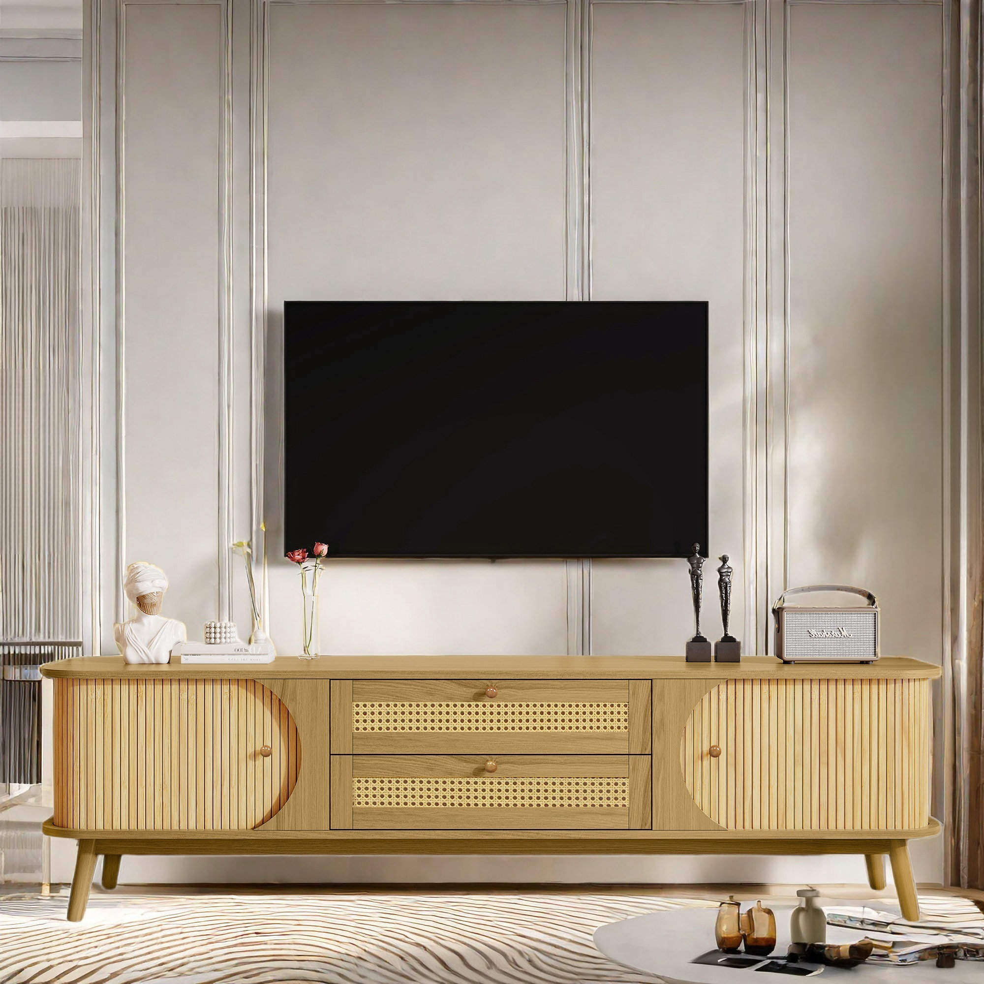 Bay Isle Home™ Farmhouse TV Stand with Rattan Sliding Doors and 2 ...