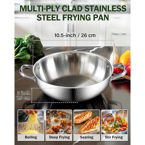 Cook N Home Tri-ply Stainless Steel Wok, 12 Inch Induction Wok With Lid ...