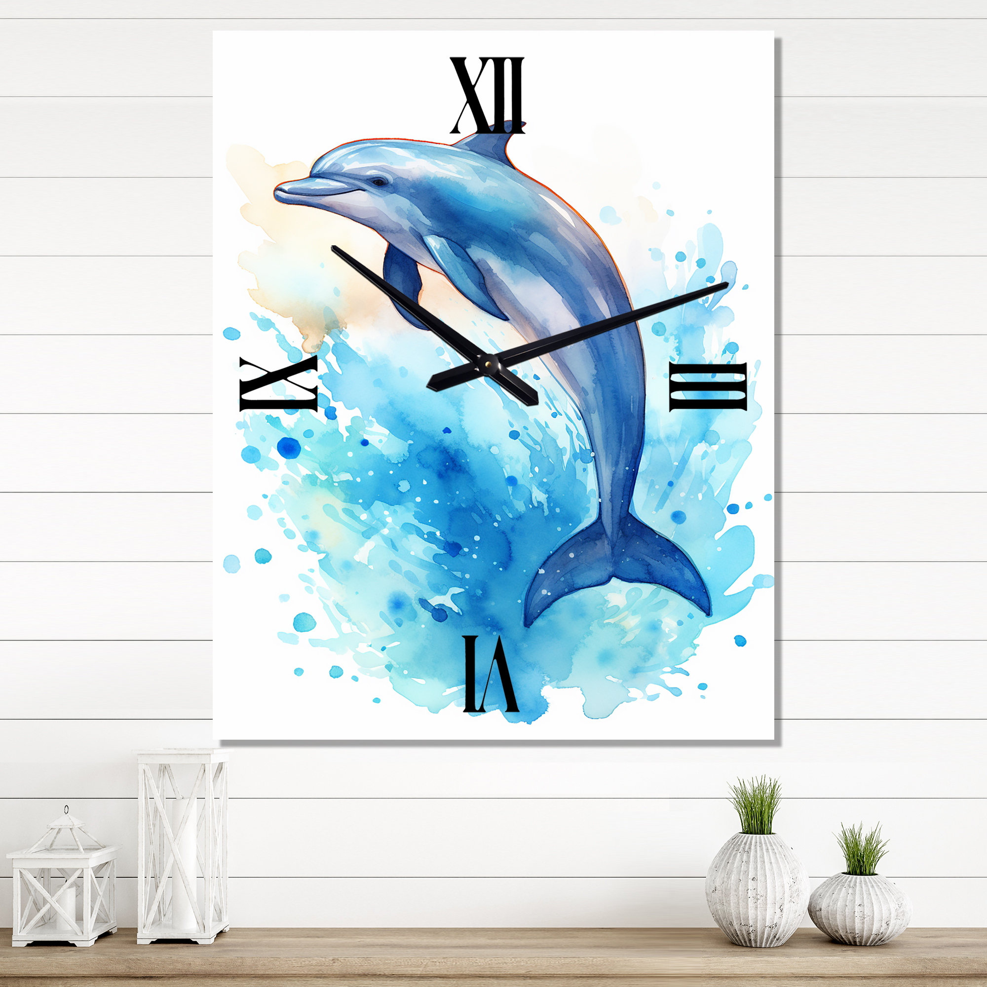 Design Art Cute Blue Dolphin Watercolor - Animals Dolphin Wall Clock ...