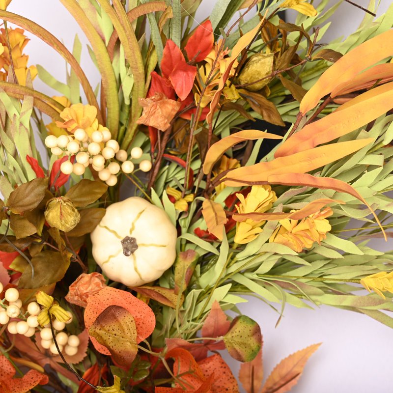 Primrue 26" Faux Fall Thanksgiving Day Pumpkin Berry Front Door Wreath ...