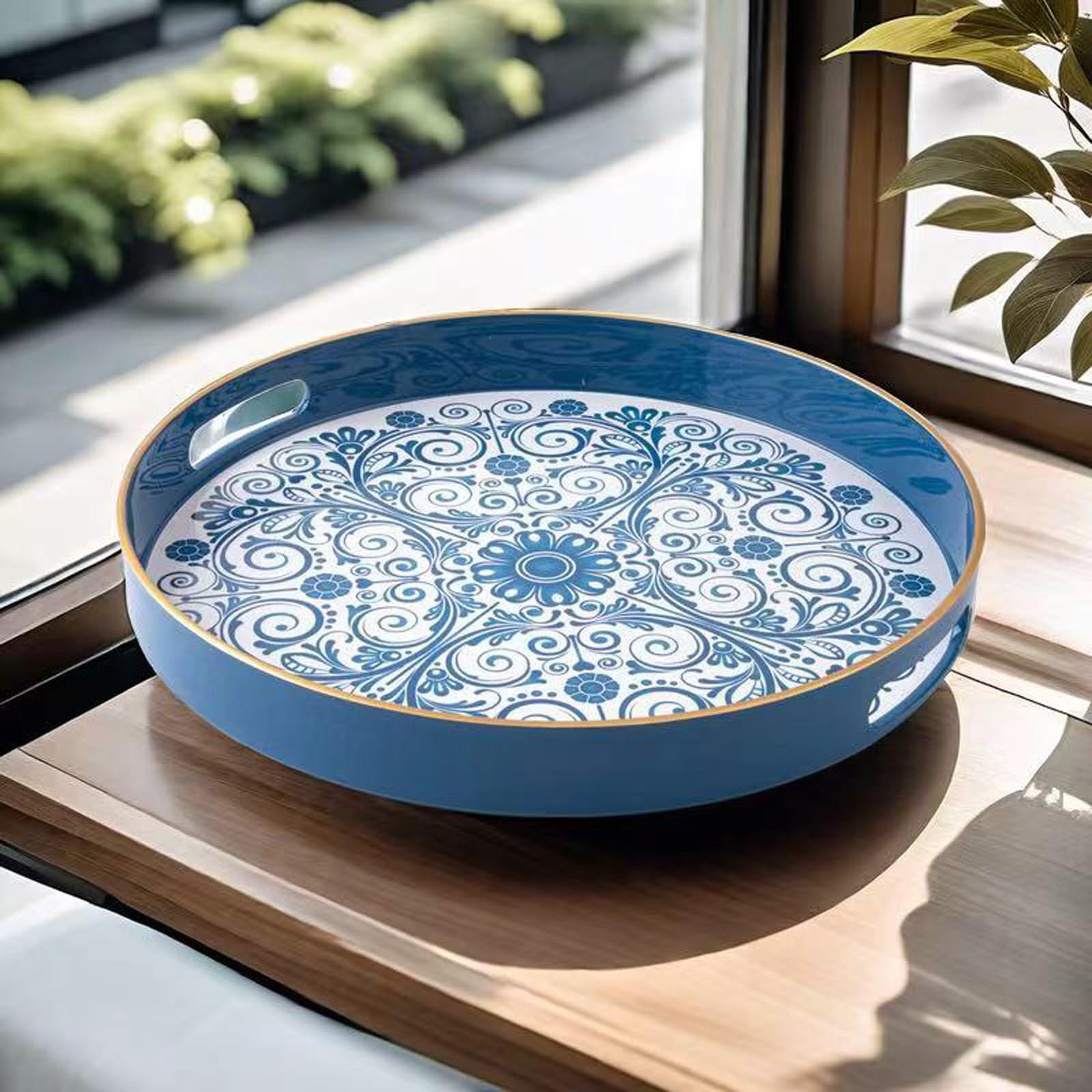 Alcott Hill® Round Plastic Tray With Handle, Living Room Round Coffee ...