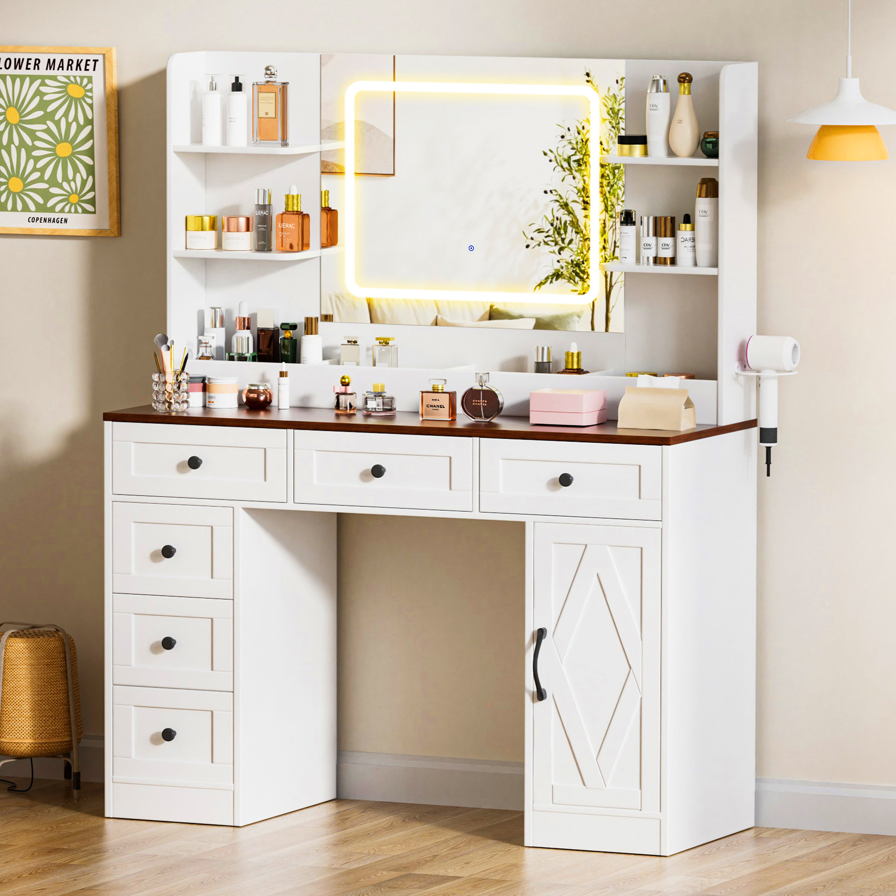 Wrought Studio™ Makeup Vanity Desk With Mirror And Lights, Large Vanity ...