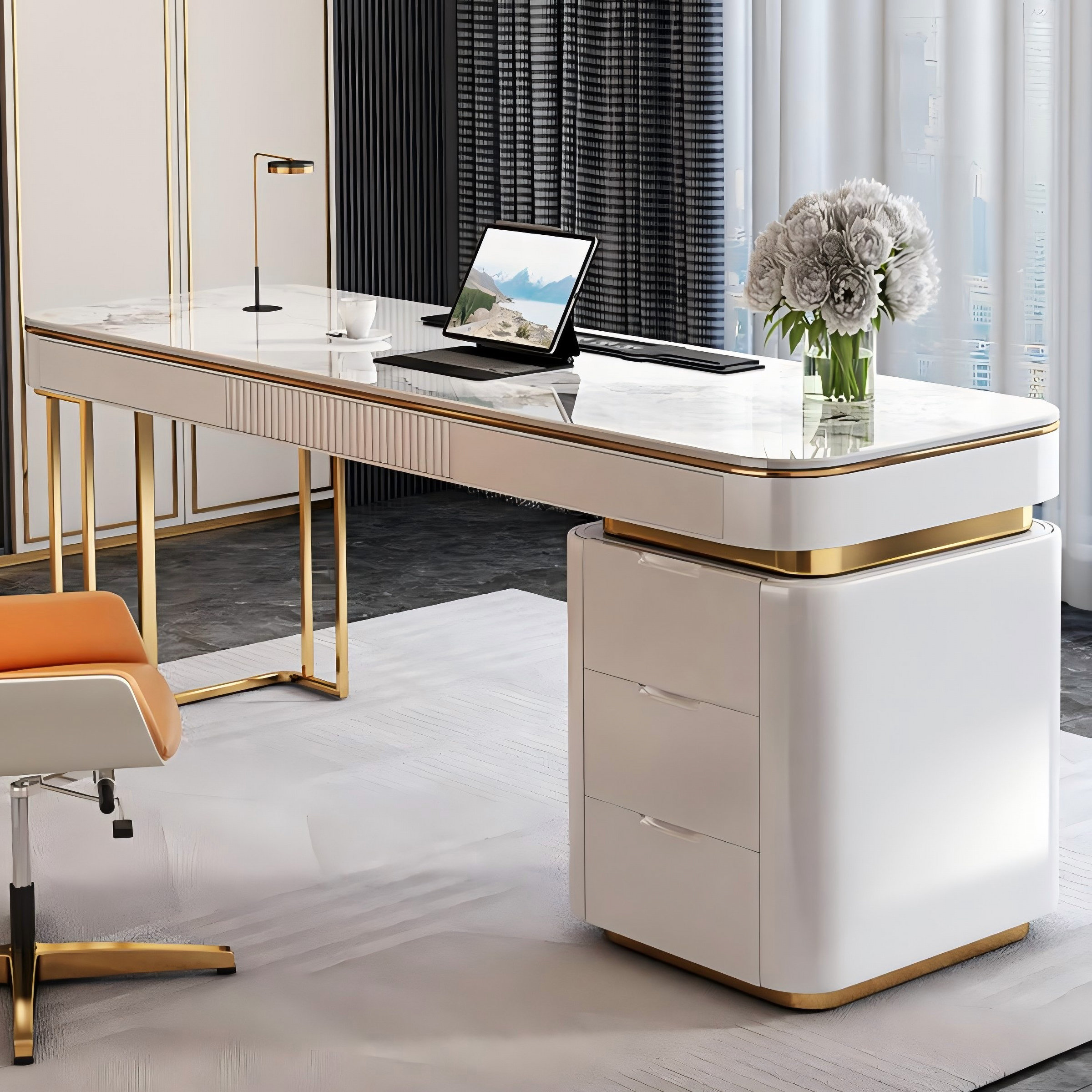 DECADANZ White Rectangular Sintered Stone Writing Desk,6-drawer | Wayfair